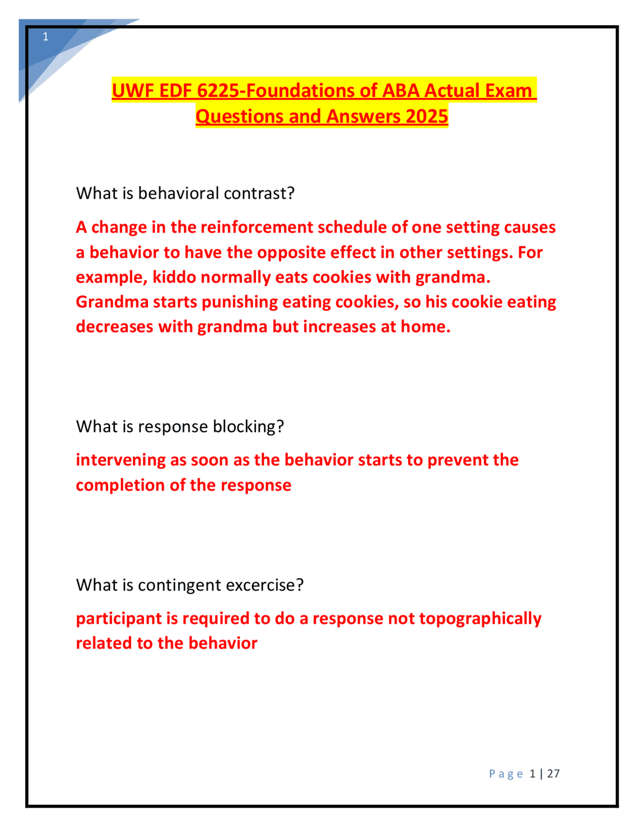 Foundations of Applied Behavior Analysis (ABA) Exam Questions and ...