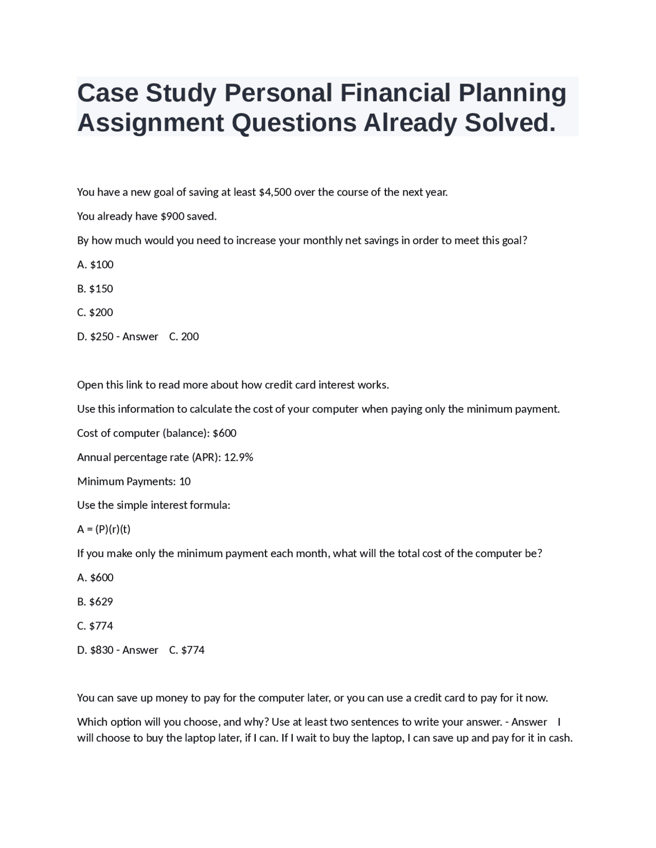 Personal Financial Planning Case Study: Budgeting and Saving Goals ...