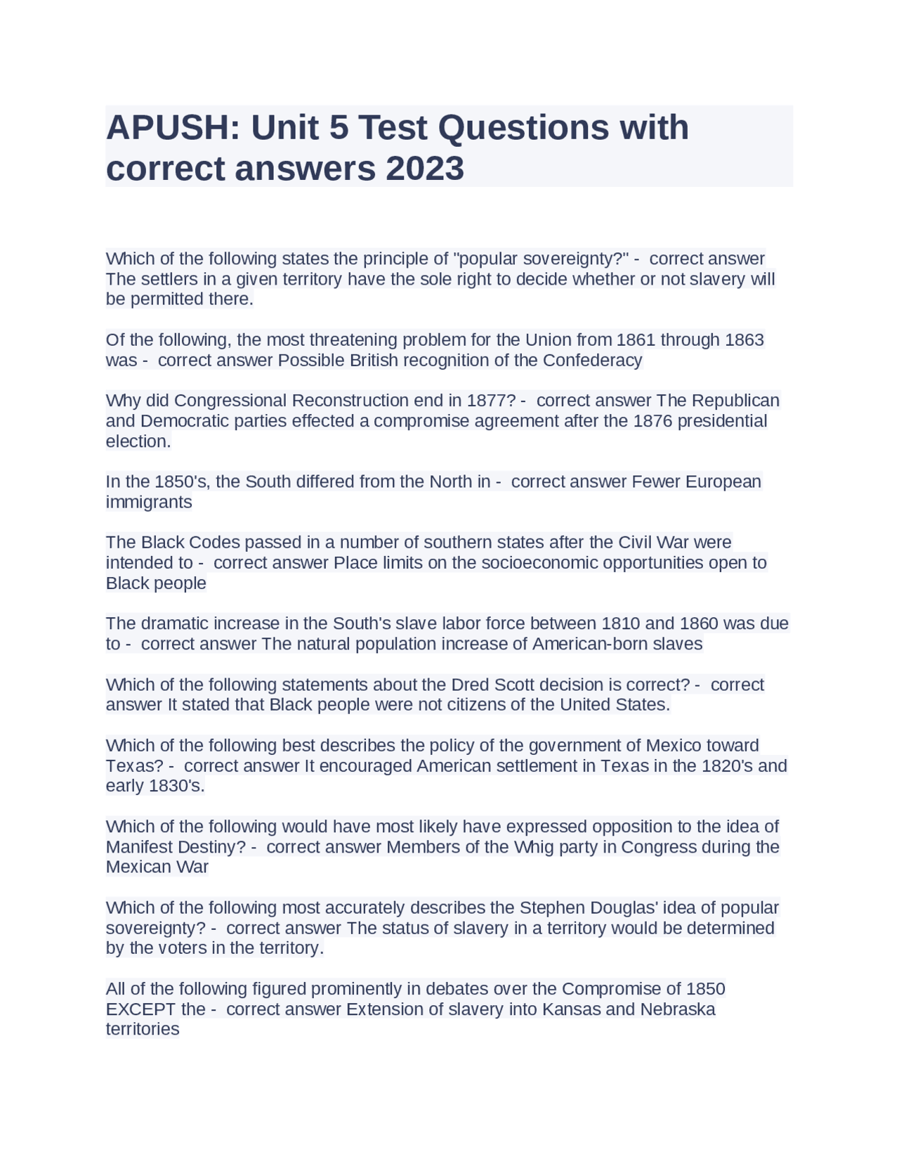 APUSH Unit 5 Test Questions with correct answers 2023.docx | Exams ...