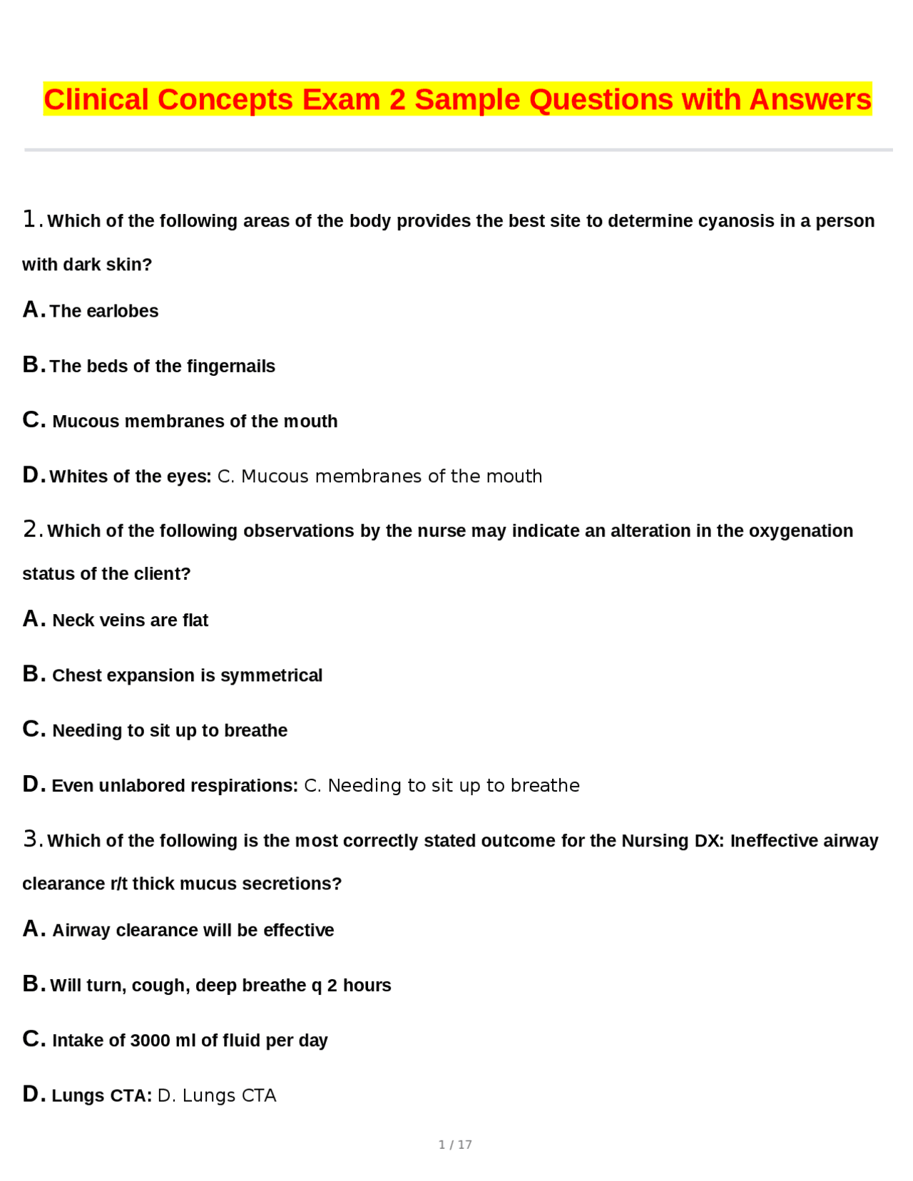 Clinical Concepts Exam 2 Sample Questions with Answers | Exams Nursing ...