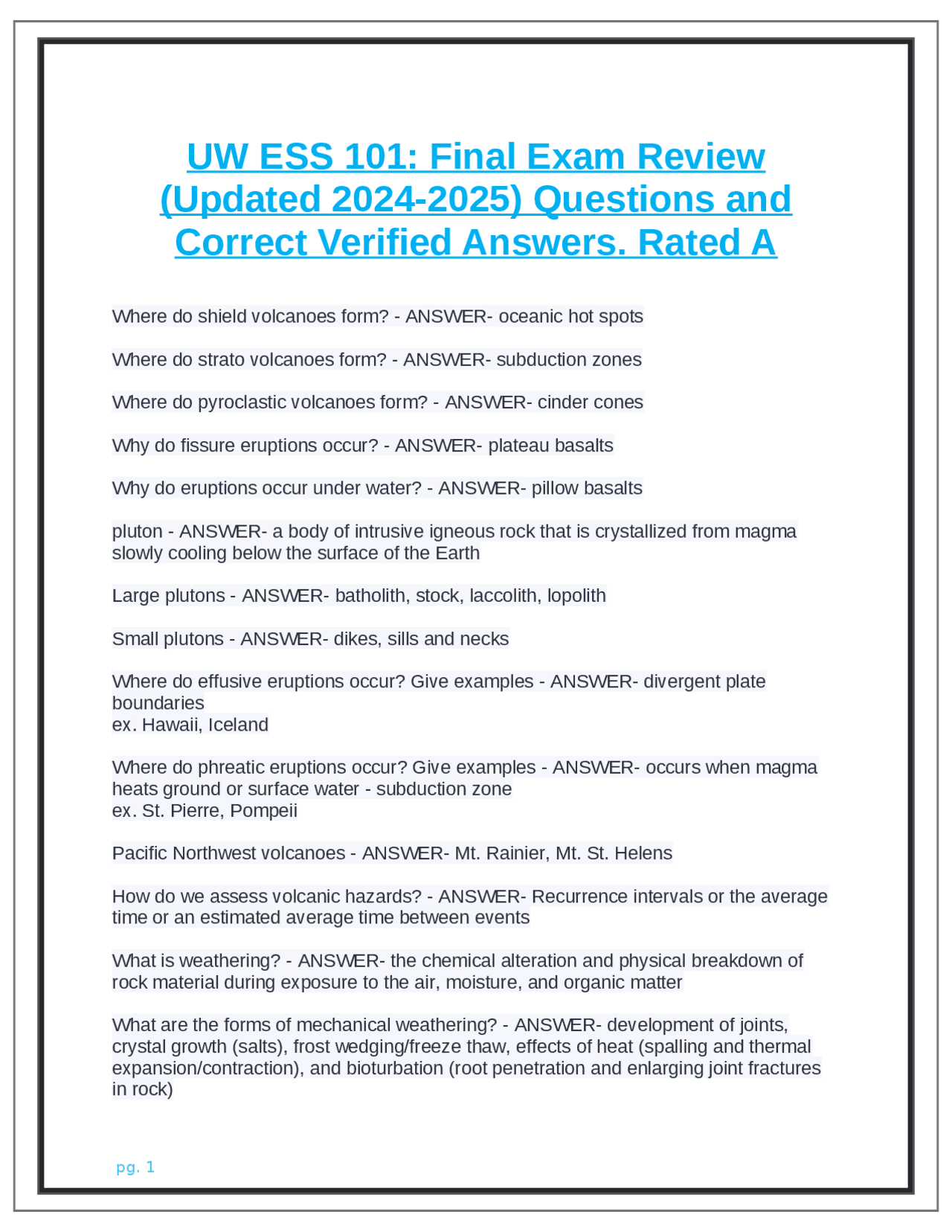 UW ESS 101: Final Exam Review (Updated 2024-2025) Questions and Correct ...