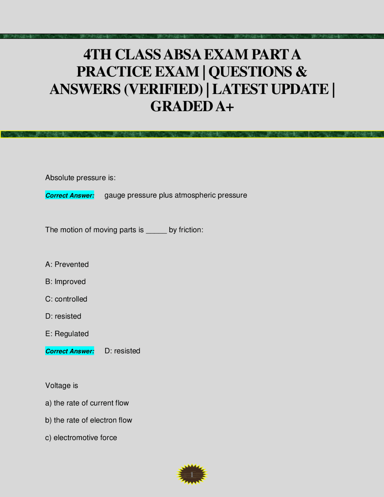4TH CLASS ABSA EXAM PART A PRACTICE EXAM | QUESTIONS & ANSWERS ...