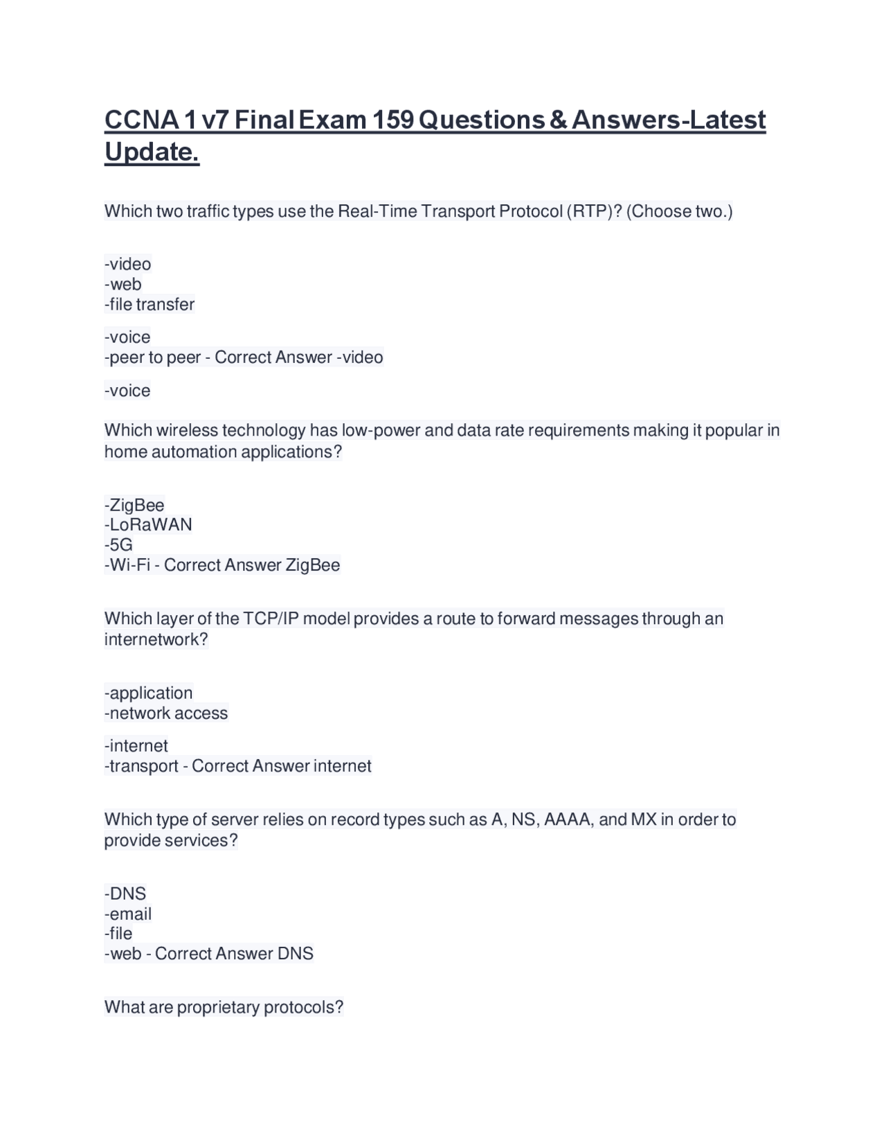 CCNA 1 v7 Final Exam 159 Questions & Answers-Latest Update. | Exams ...