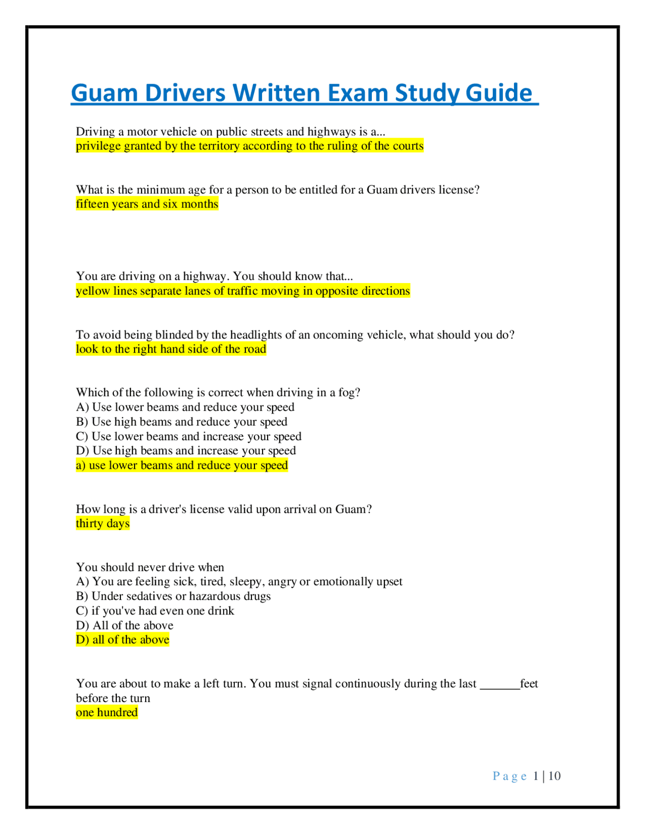 Guam Drivers Written Exam Study Guide | Exams Nursing | Docsity