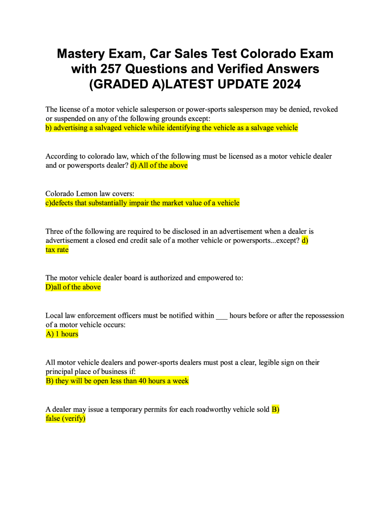 Mastery Exam, Car Sales Test Colorado Exam with 257 Questions and ...
