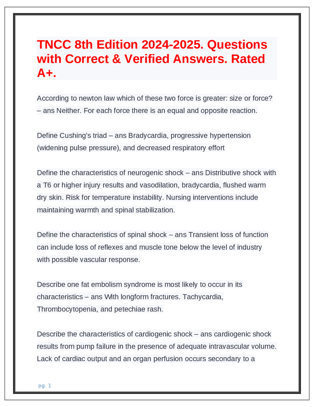 TNCC 8th Edition 2024-2025. Questions with Correct & Verified Answers ...