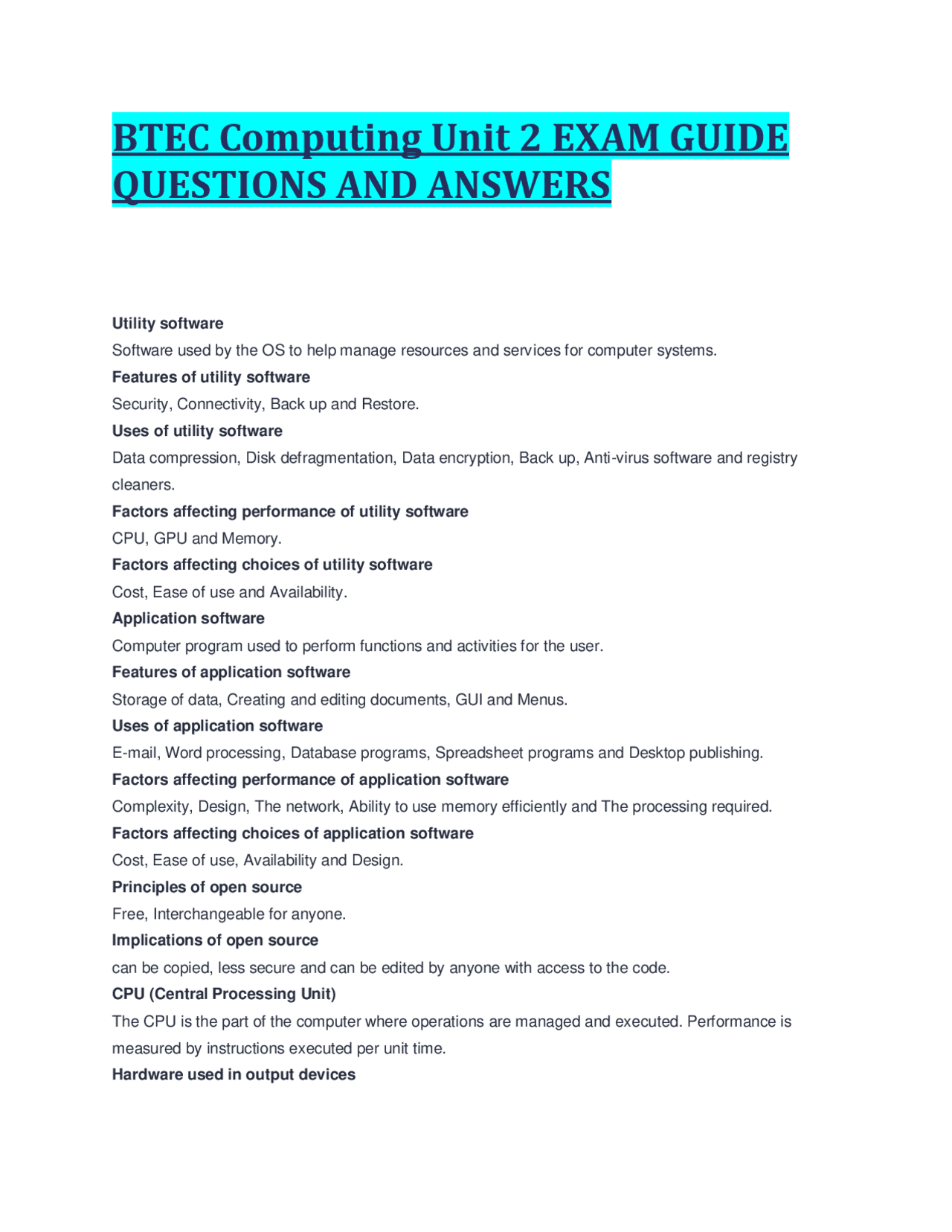 BTEC Computing Unit 2 Exam Guide: Questions and Answers on Hardware and Software | Exams ...