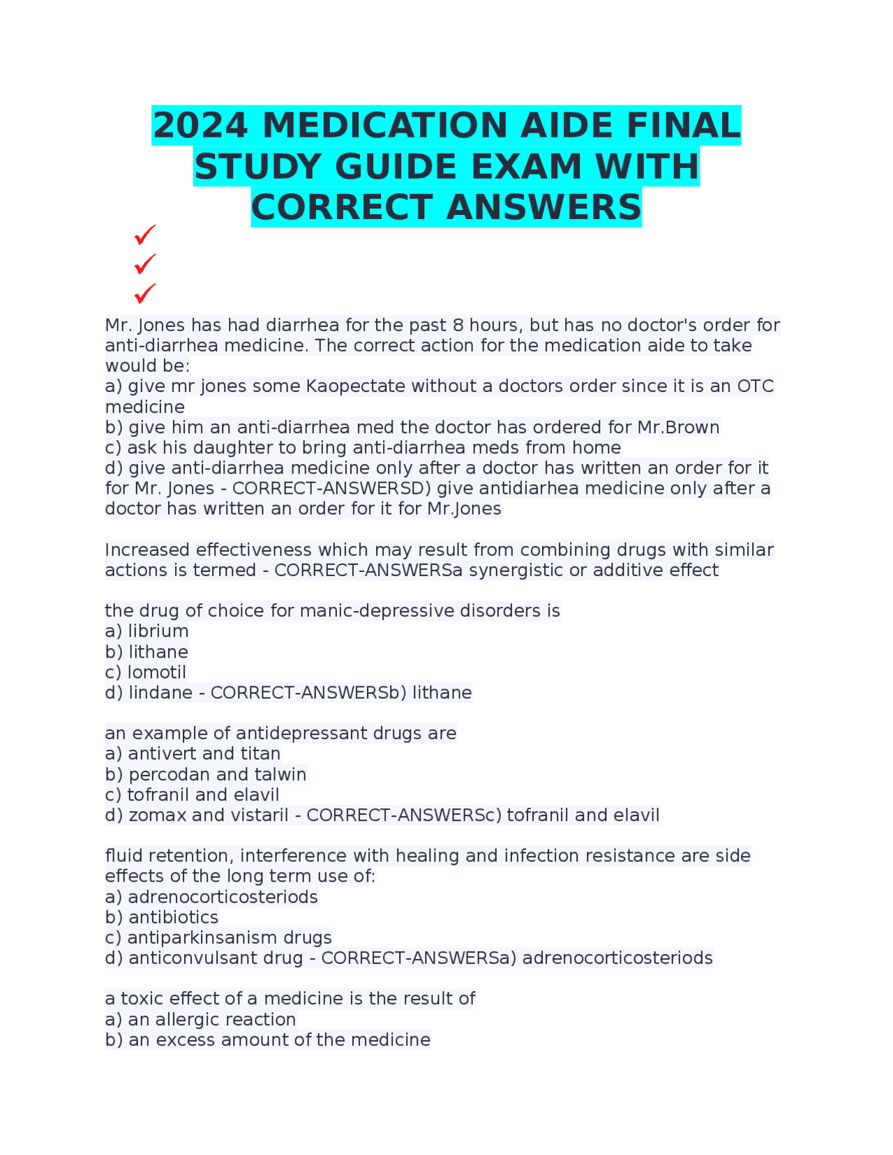 Medication Aide Final Study Guide Exam with Correct Answers | Exams ...