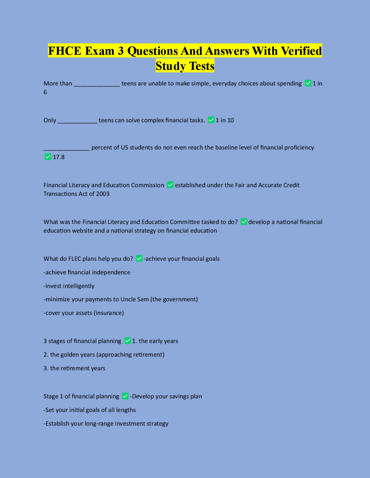 Financial Literacy and Planning: Exam 3 Questions and Answers | Exams ...