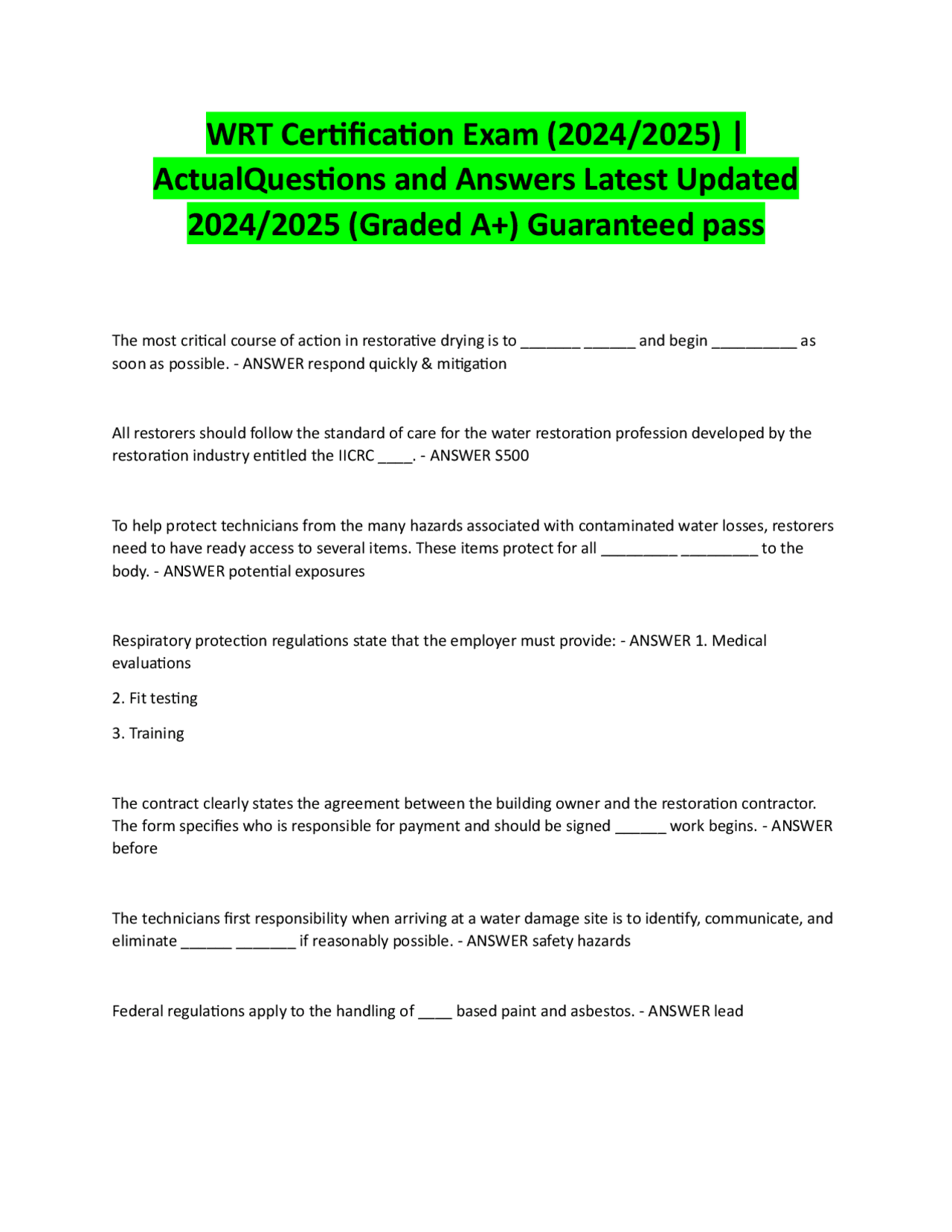 WRT Certification Exam (2024/2025): Questions and Answers | Exams Water ...