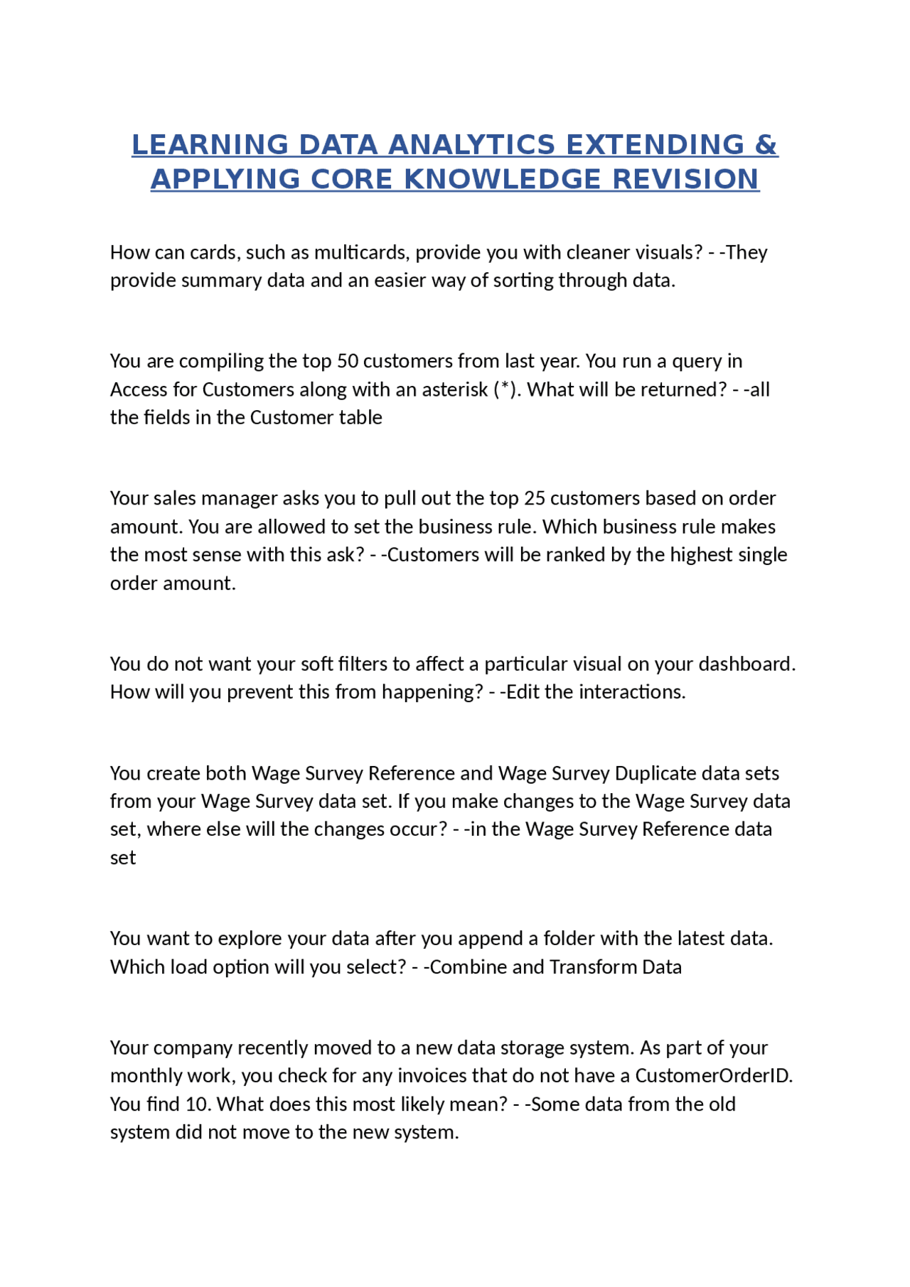 Data Analytics Revision: Extending and Applying Core Knowledge | Exams Advanced Education | Docsity