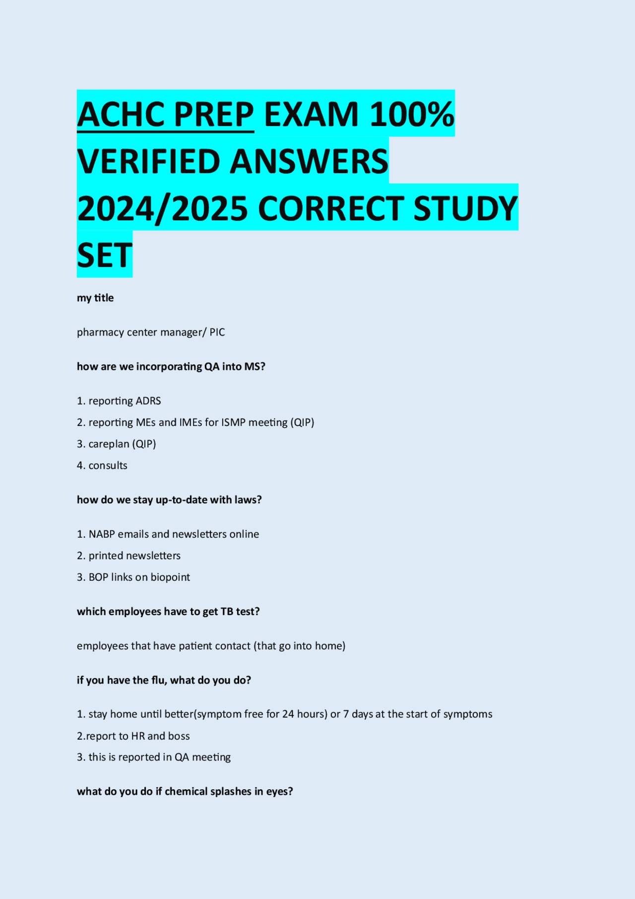 ACHC PREP EXAM 100% VERIFIED ANSWERS 2024/2025 CORRECT STUDY SET ...