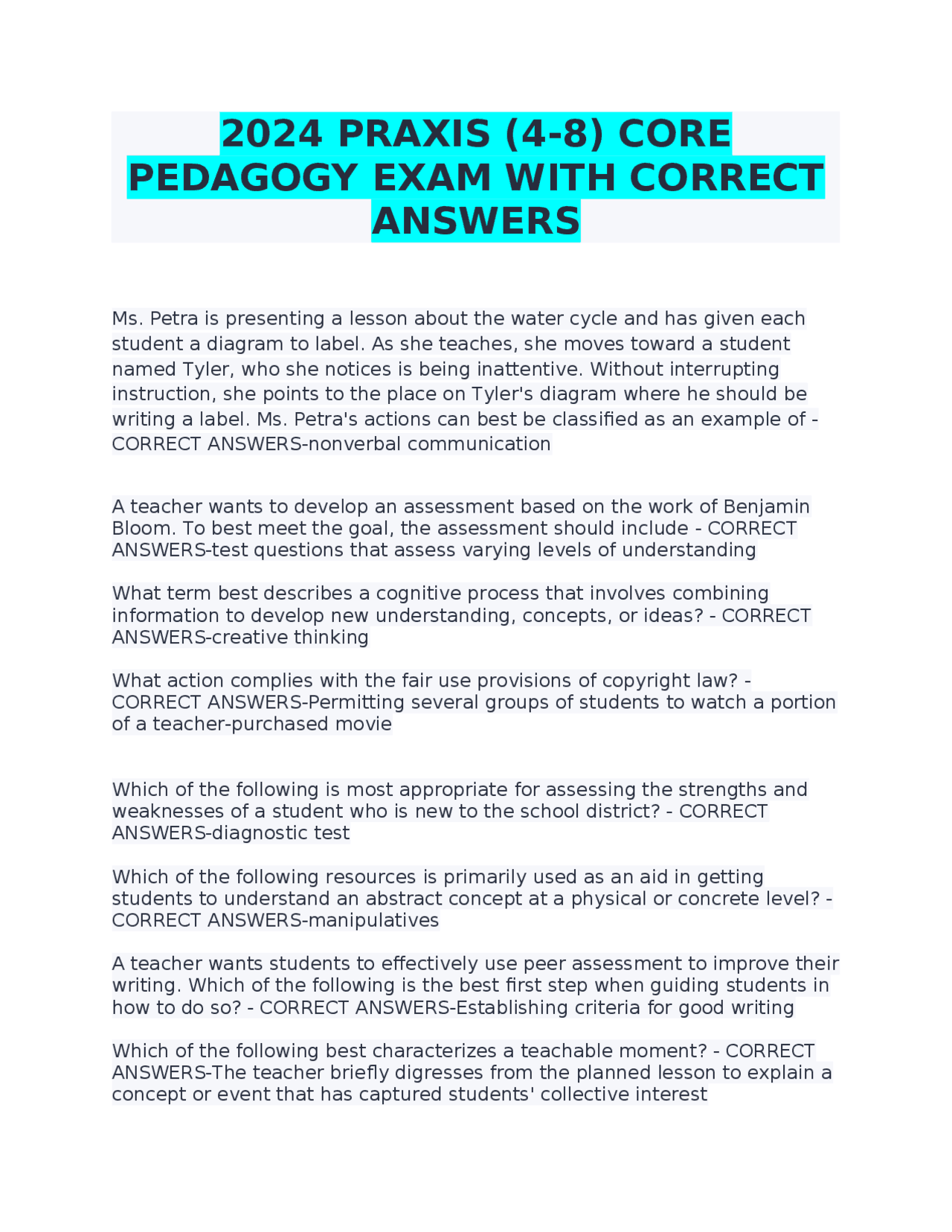 2024 PRAXIS (4-8) CORE PEDAGOGY EXAM WITH CORRECT ANSWERS | Exams ...