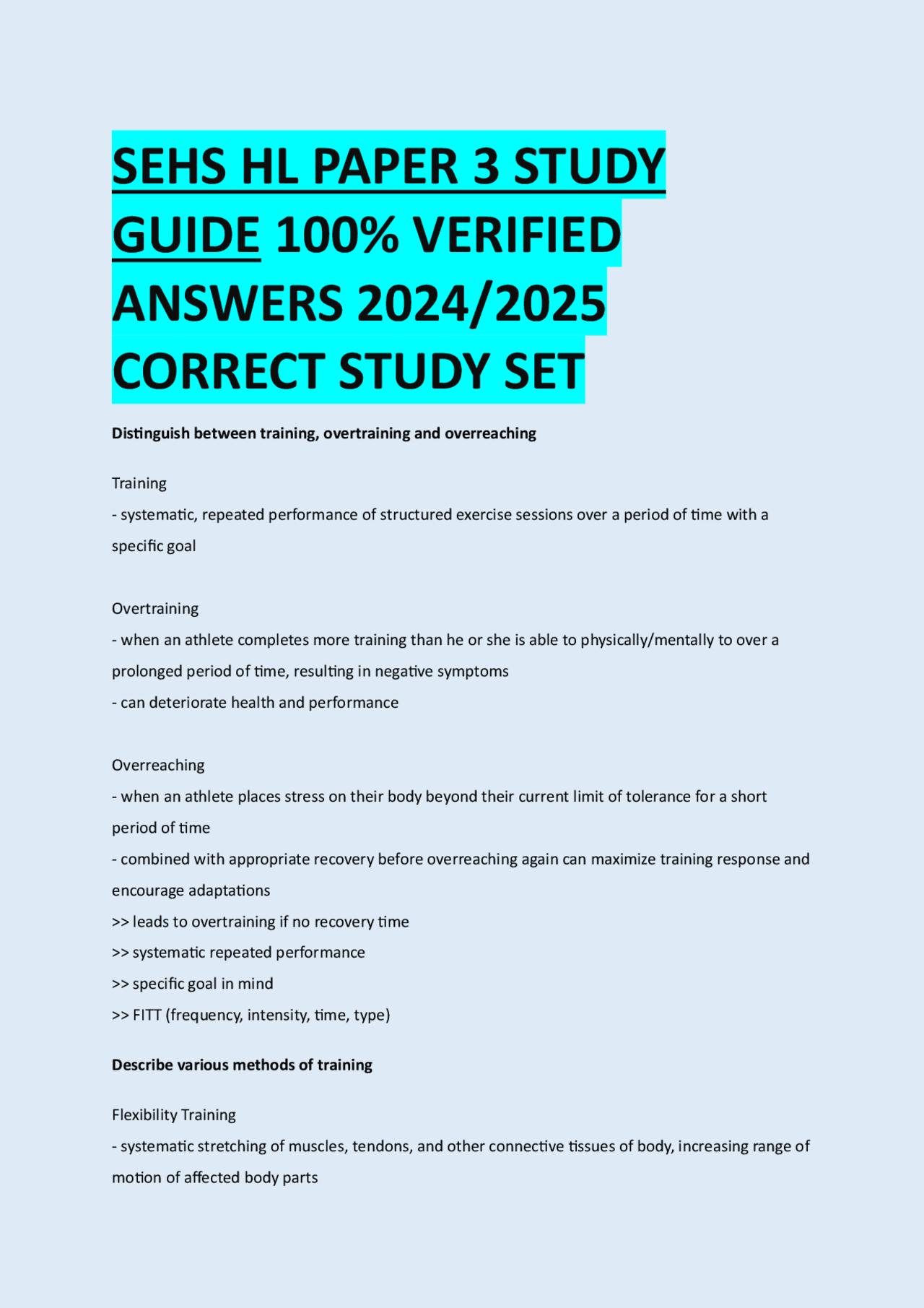 SEHS HL PAPER 3 STUDY GUIDE 100% VERIFIED ANSWERS 2024/2025 CORRECT ...
