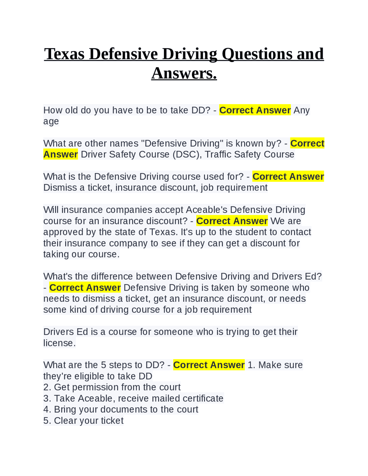 Texas Defensive Driving Course: Questions and Answers | Exams Civil ...