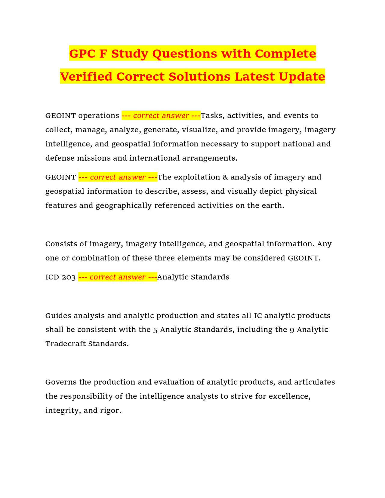 GEOINT Operations: Study Questions and Answers | Exams Military Strategy and Training | Docsity