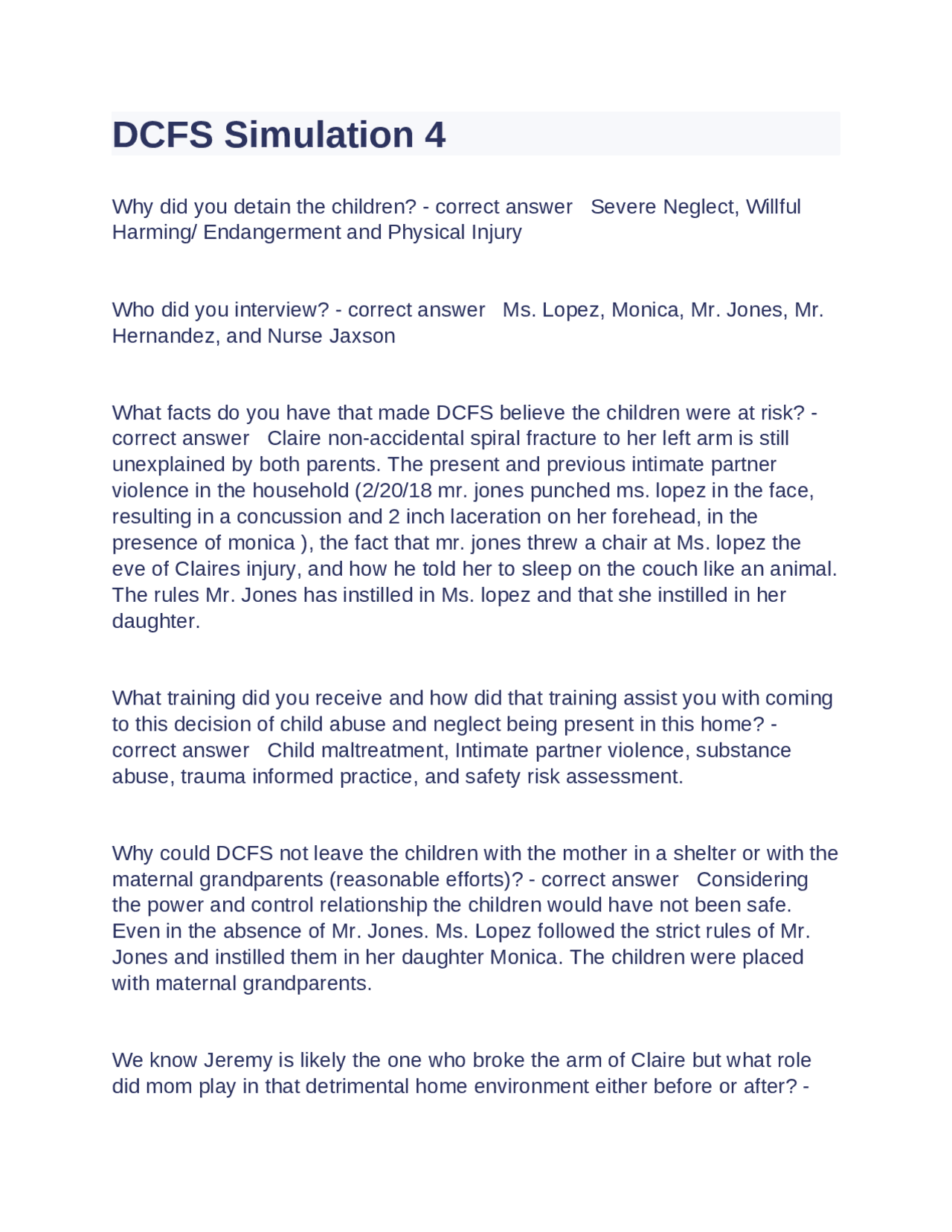 DCFS Simulation 4: Child Protection Case Study | Exams Nursing | Docsity
