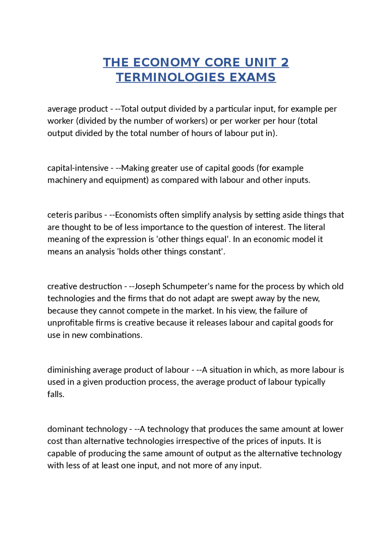 Economics Core Unit 2: Terminologies and Exercises | Exams Advanced ...