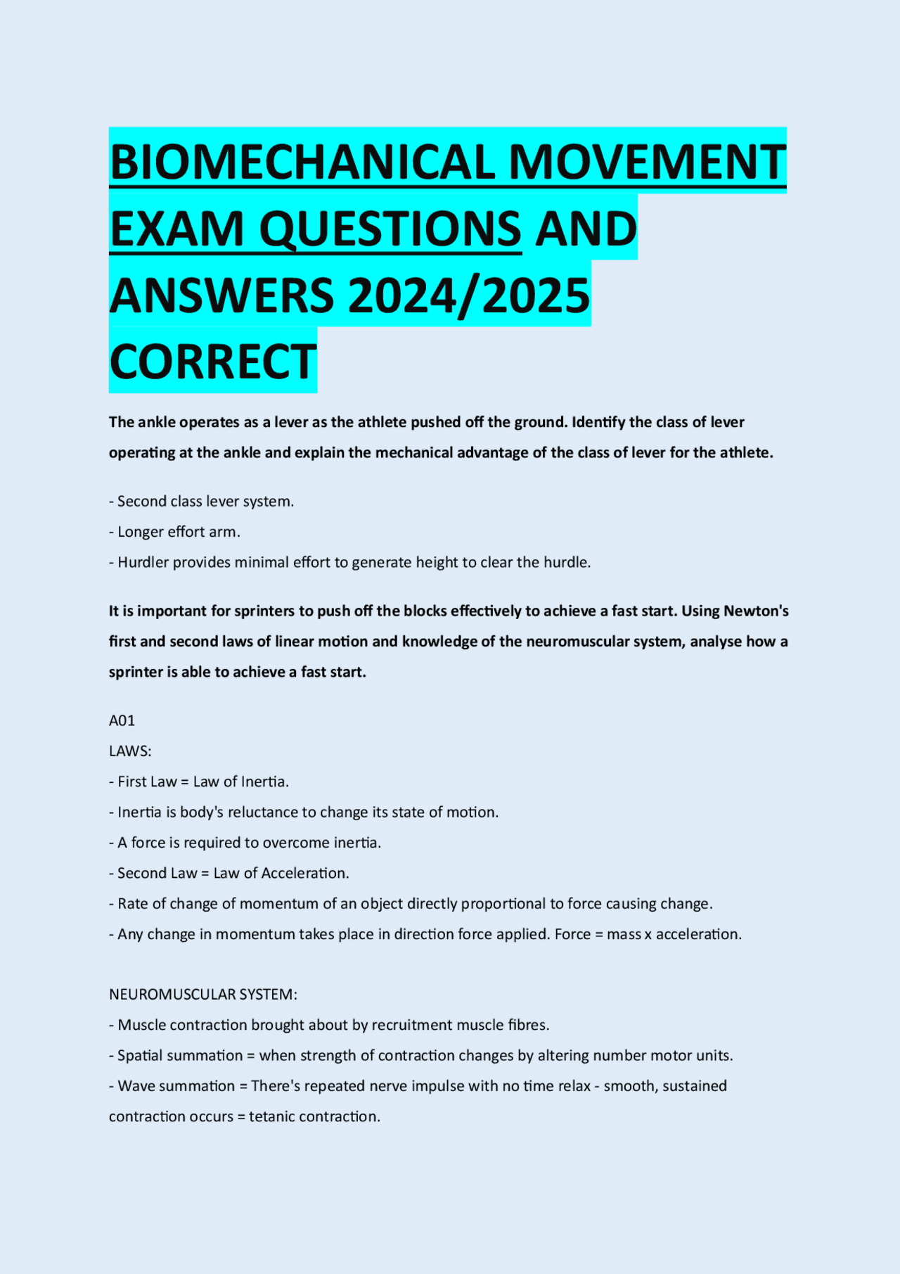 BIOMECHANICAL MOVEMENT EXAM QUESTIONS AND ANSWERS 2024/2025 CORRECT ...