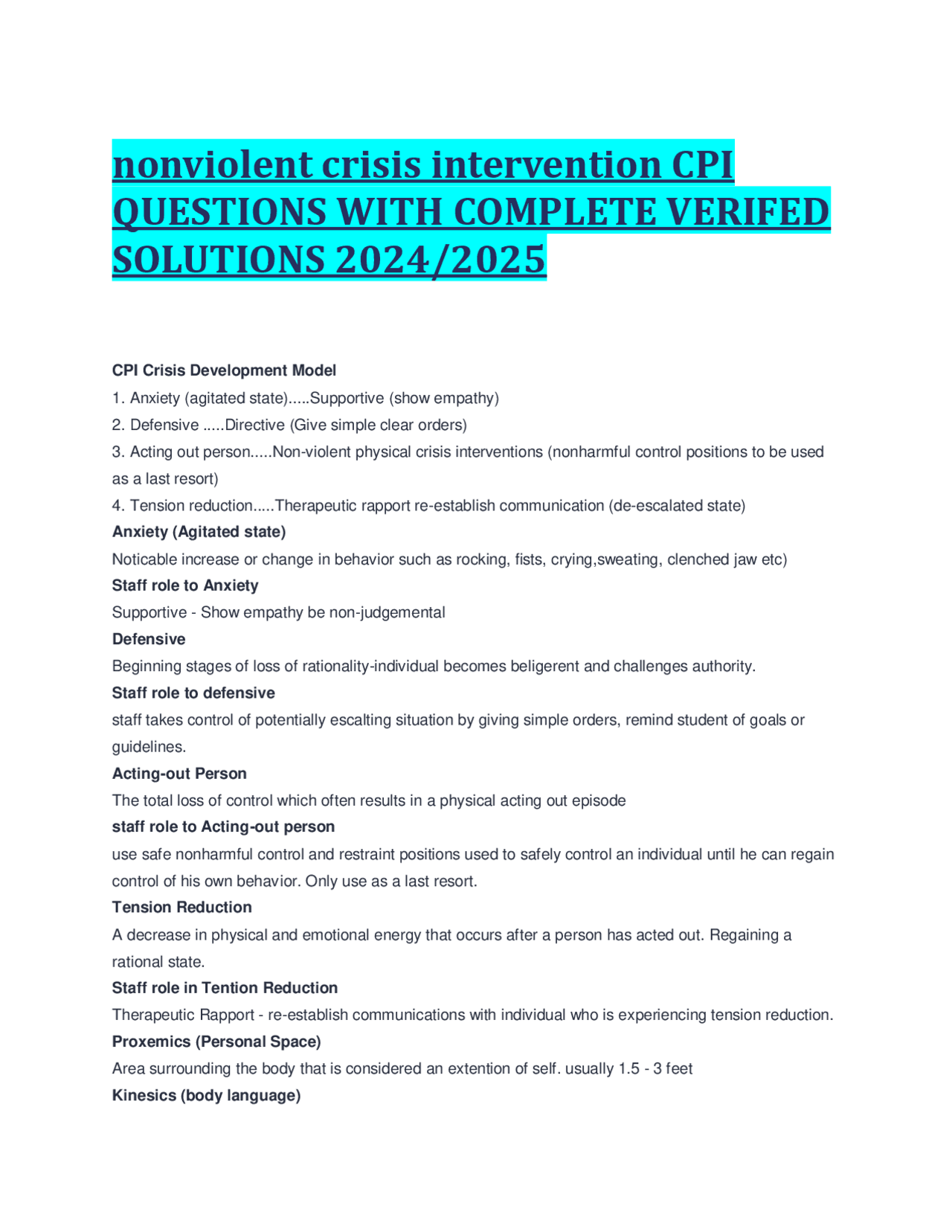 nonviolent crisis intervention CPI QUESTIONS WITH COMPLETE VERIFED ...