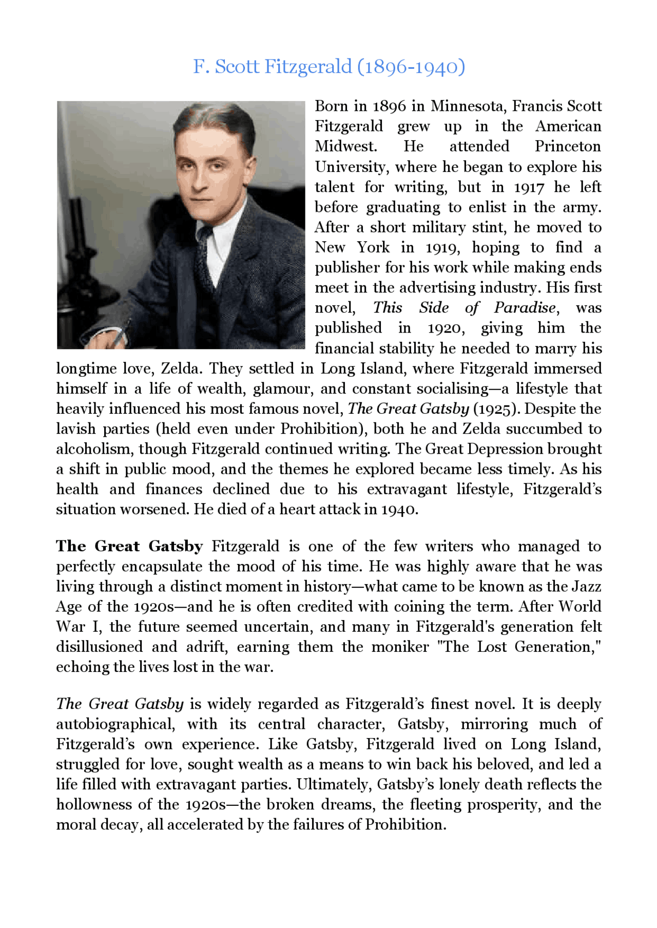 F. Scott Fitzgerald. | Study notes English | Docsity