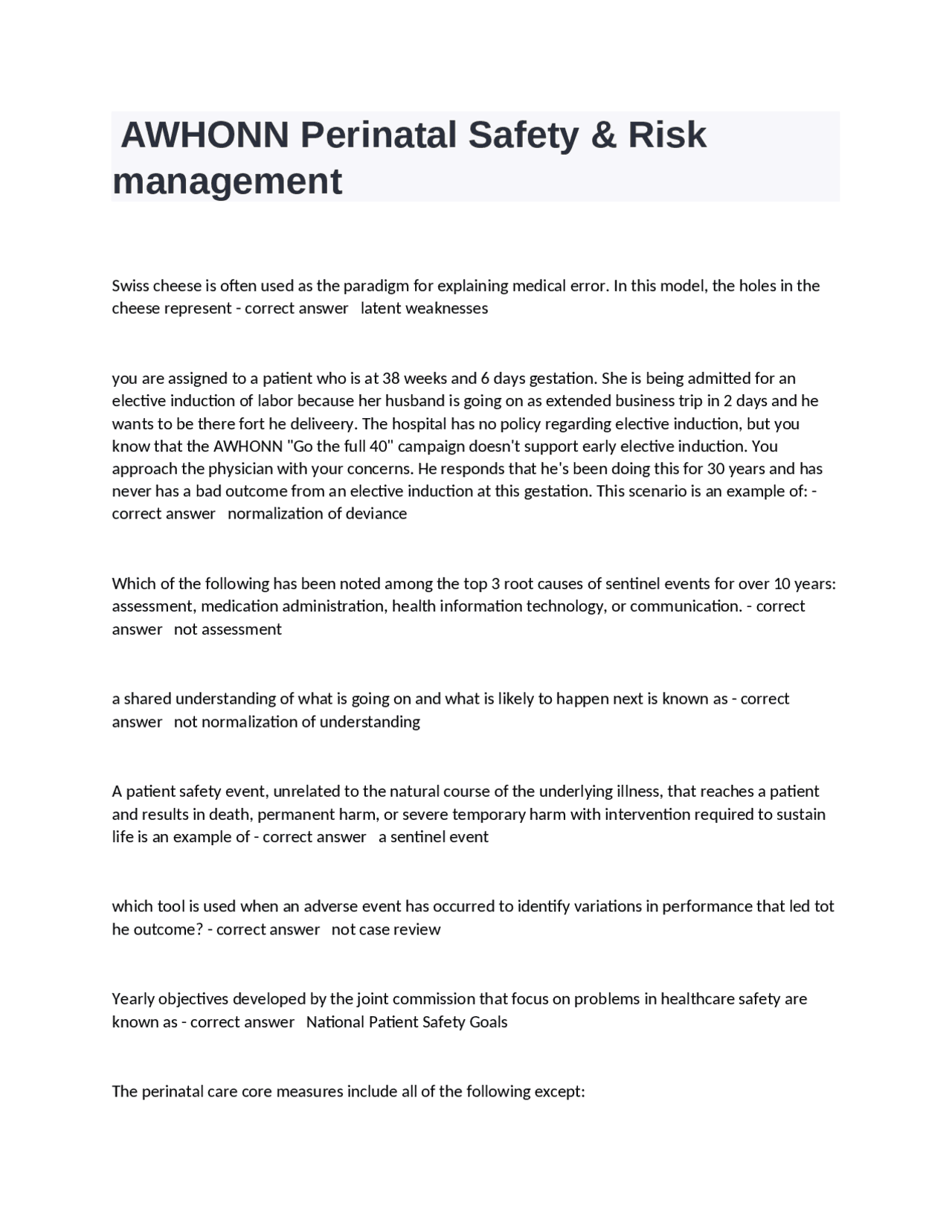 Perinatal Safety and Risk Management: AWHONN Exercises and Questions ...