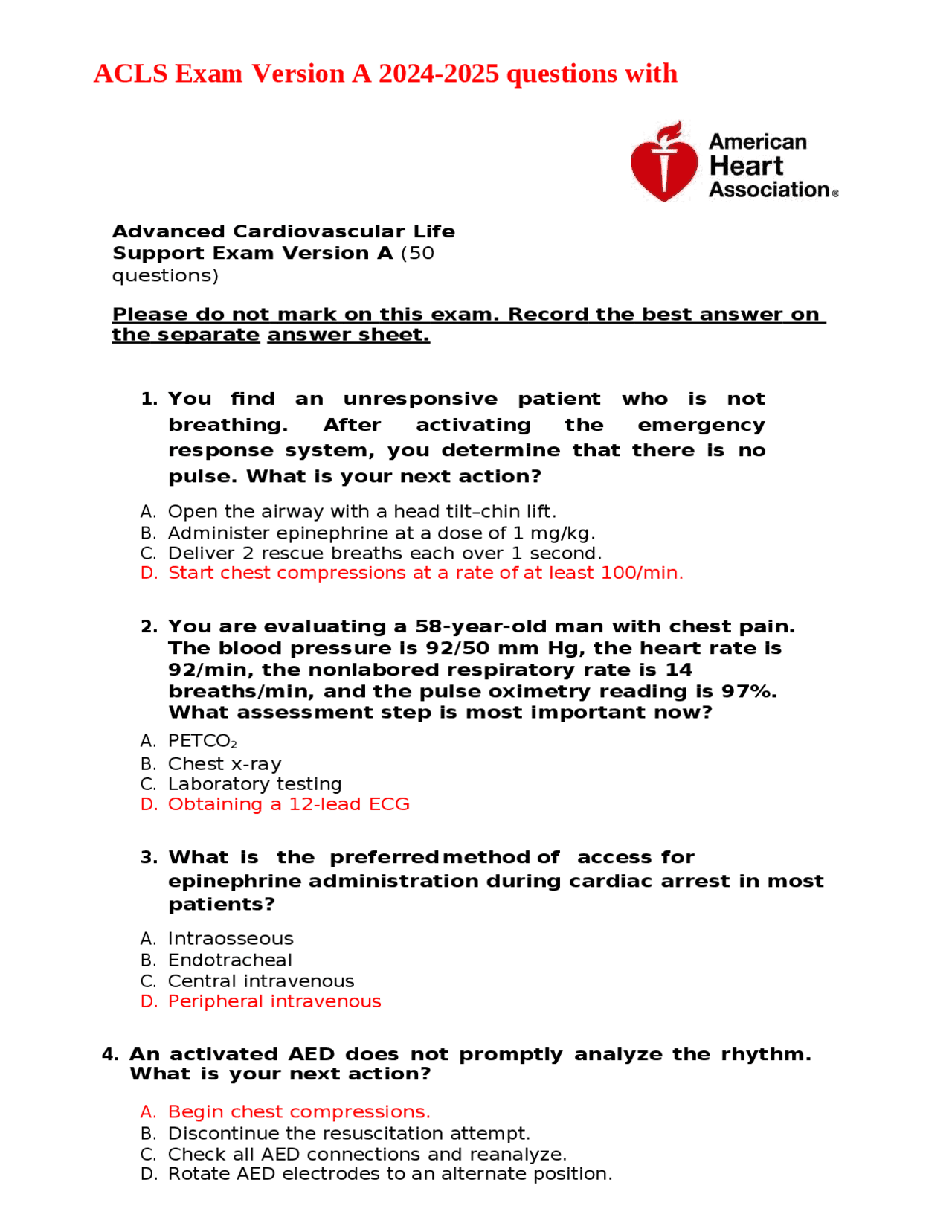 ACLS Exam Version A 2024-2025: Practice Questions and Answers | Exams ...