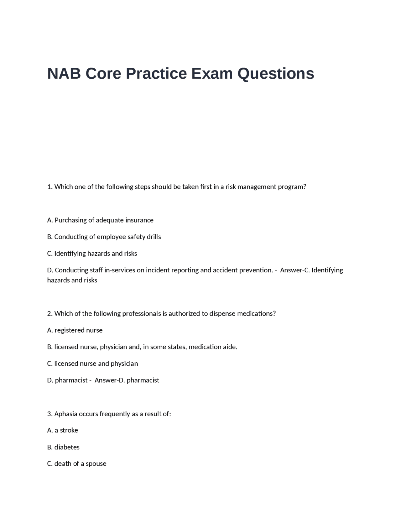 NAB Core Practice Exam Questions | Exams Nursing | Docsity