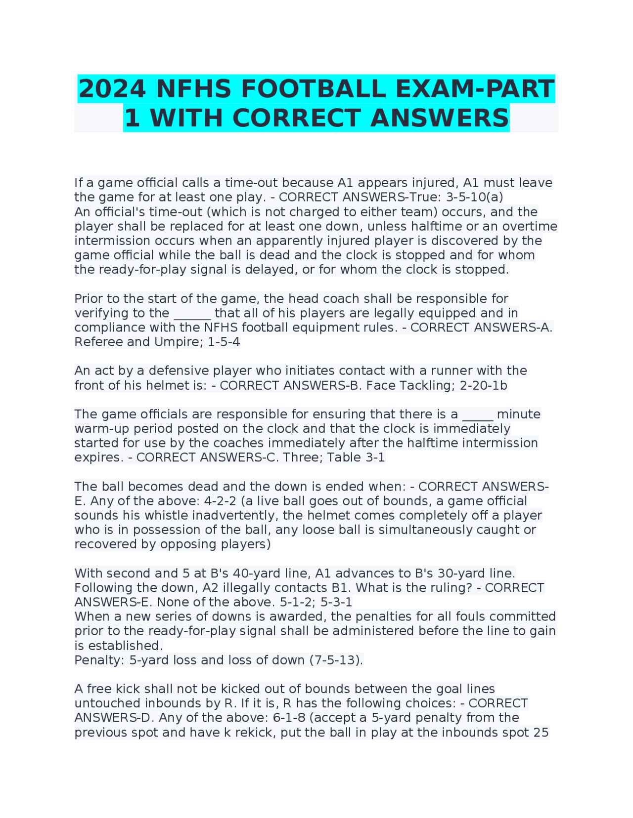 2024 NFHS Football Exam-Part 1 with Correct Answers | Exams Advanced Education | Docsity