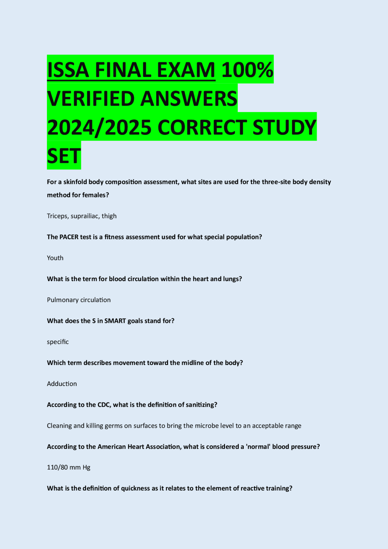 ISSA FINAL EXAM 100% VERIFIED ANSWERS 2024/2025 CORRECT STUDY SET ...