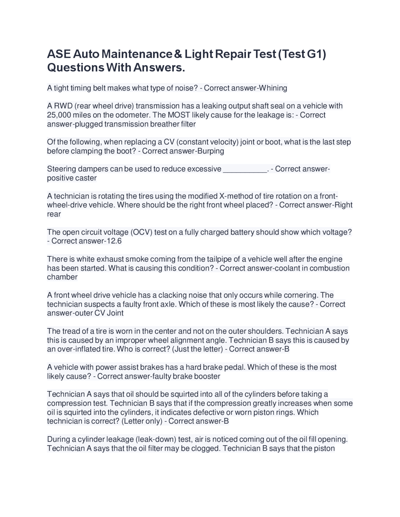 ASE Auto Maintenance & Light Repair Test (Test G1) Questions With ...