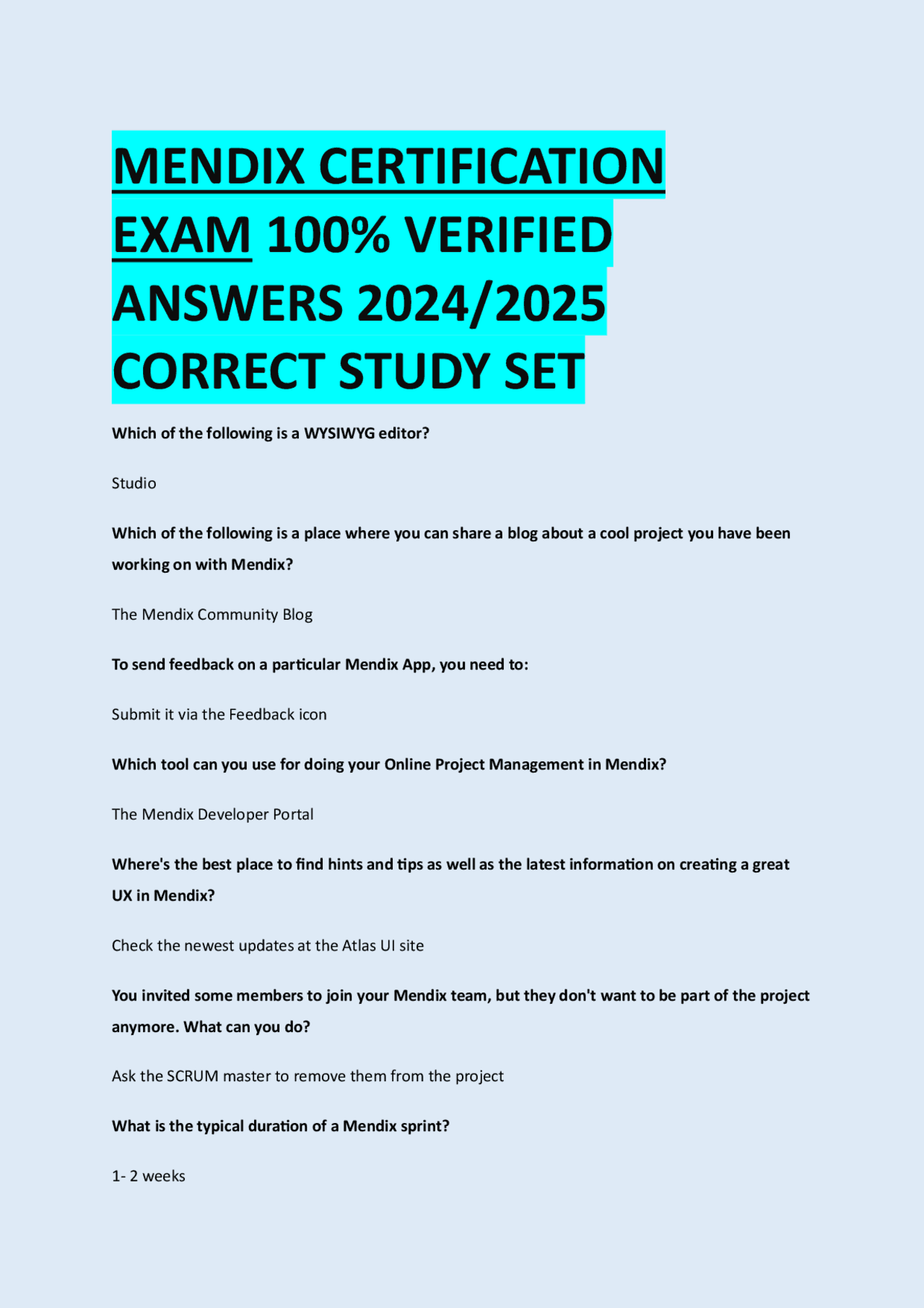 MENDIX CERTIFICATION EXAM 100% VERIFIED ANSWERS 2024/2025 CORRECT STUDY SET | Exams Organization ...