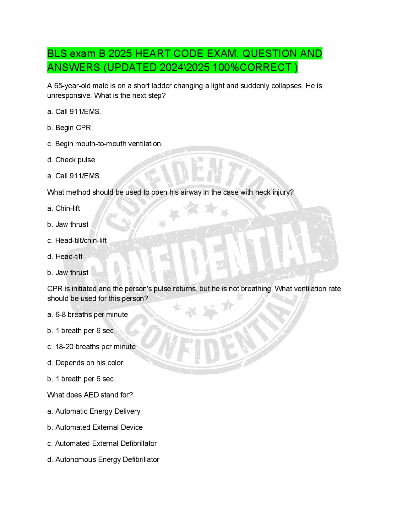 BLS exam B 2025 HEART CODE EXAM. QUESTION AND ANSWERS (UPDATED 2024 ...