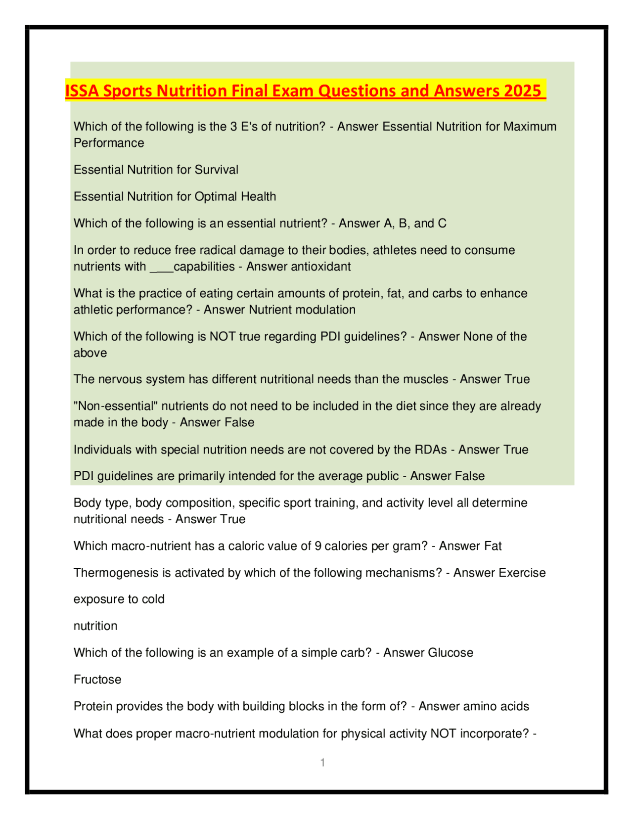 ISSA Sports Nutrition Final Exam Questions and Answers 2025 | Exams ...
