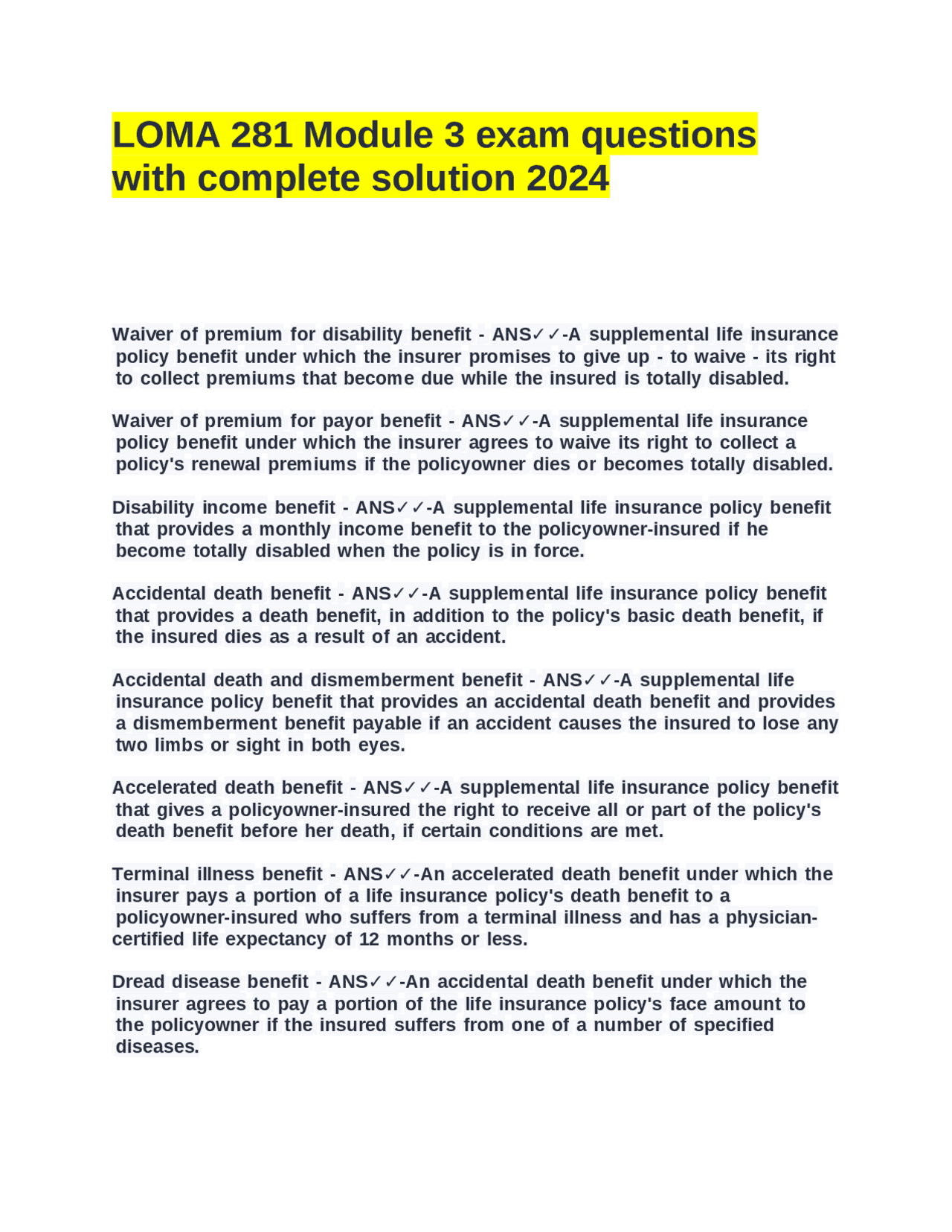 LOMA 281 Module 3 Exam Questions and Answers: Supplemental Life ...