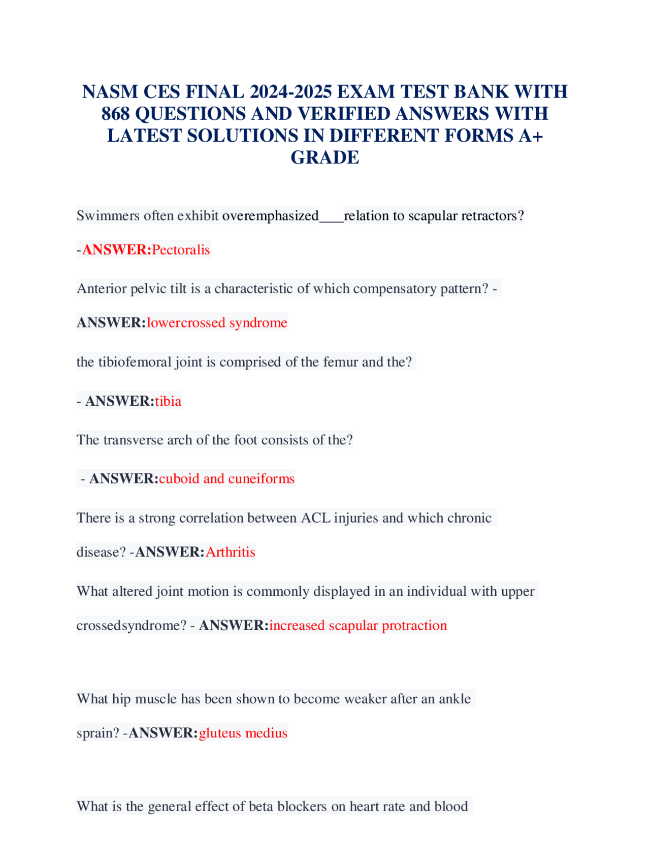 NASM CES Final Exam Test Bank: Questions and Answers | Exams Personal ...