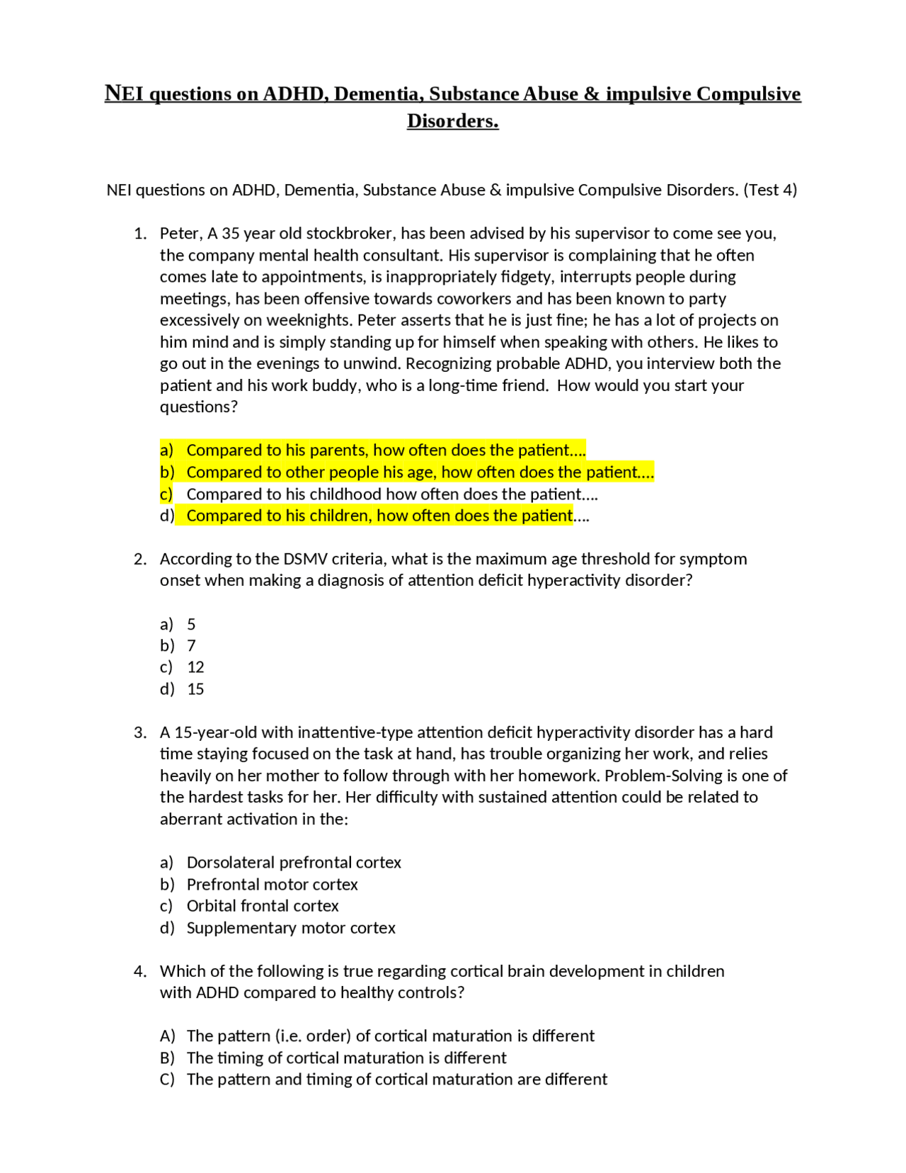 Multiple Choice Questions on ADHD, Dementia, Substance Abuse & Impulse ...