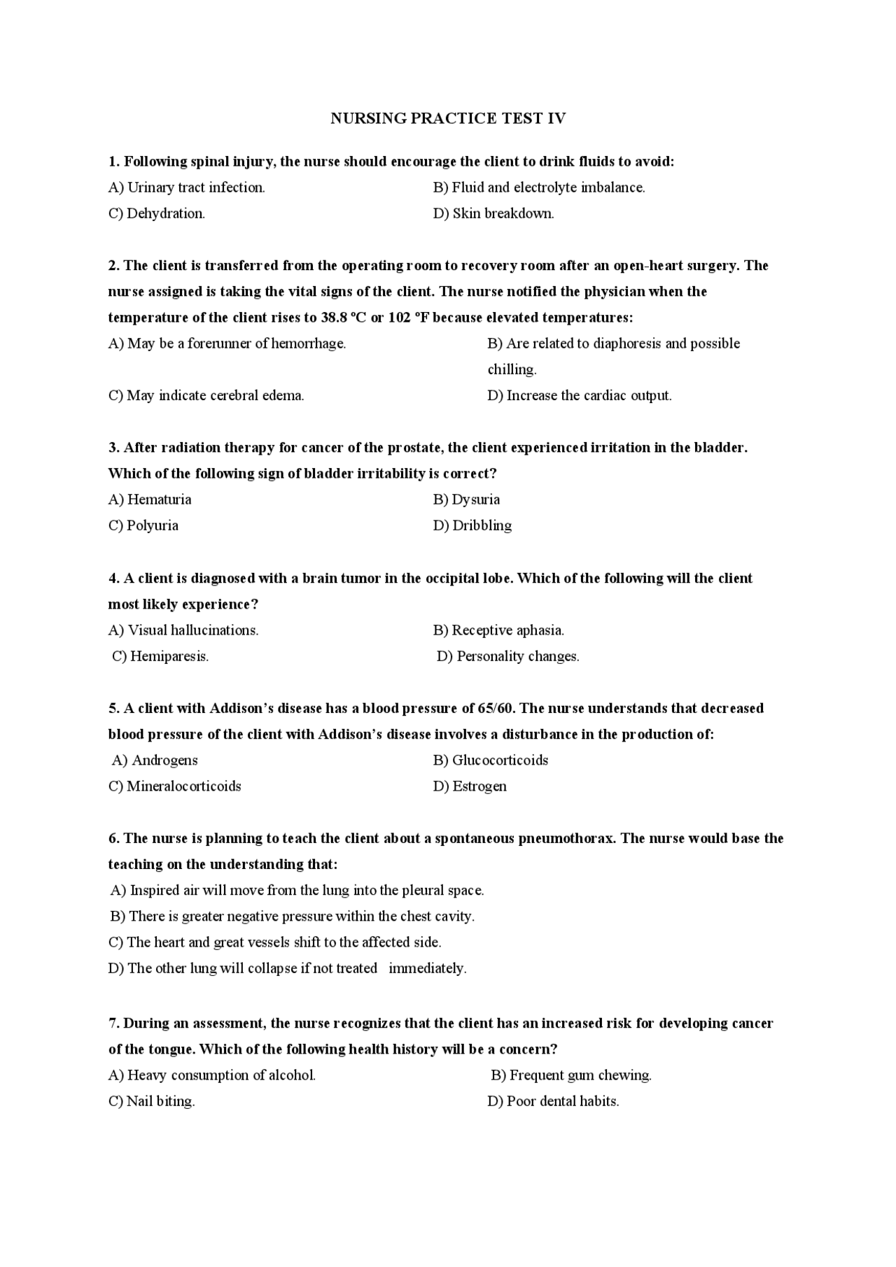 Nursing Practice Test IV: Multiple Choice Questions for Nursing ...