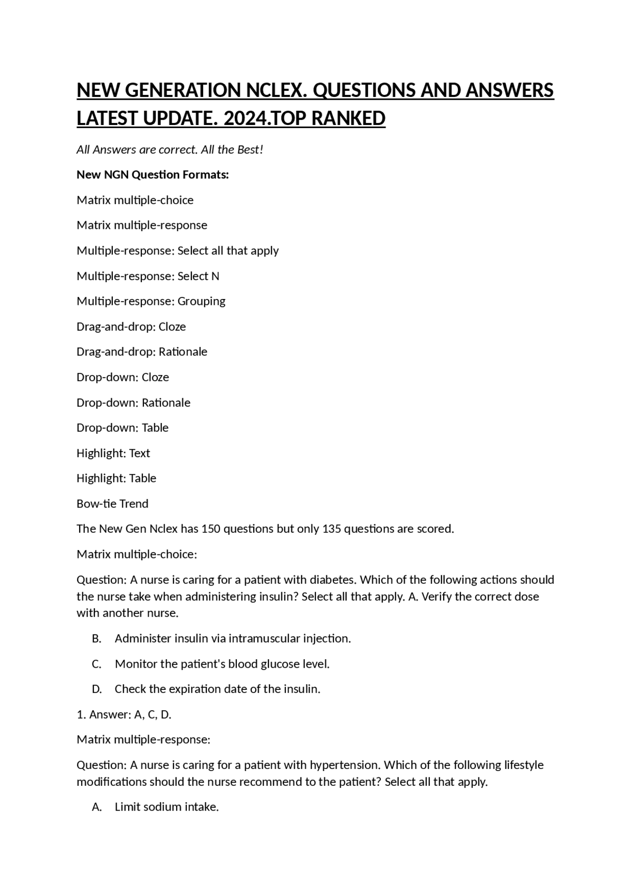 New Generation NCLEX Questions and Answers: 2024 Update | Exams Nursing ...
