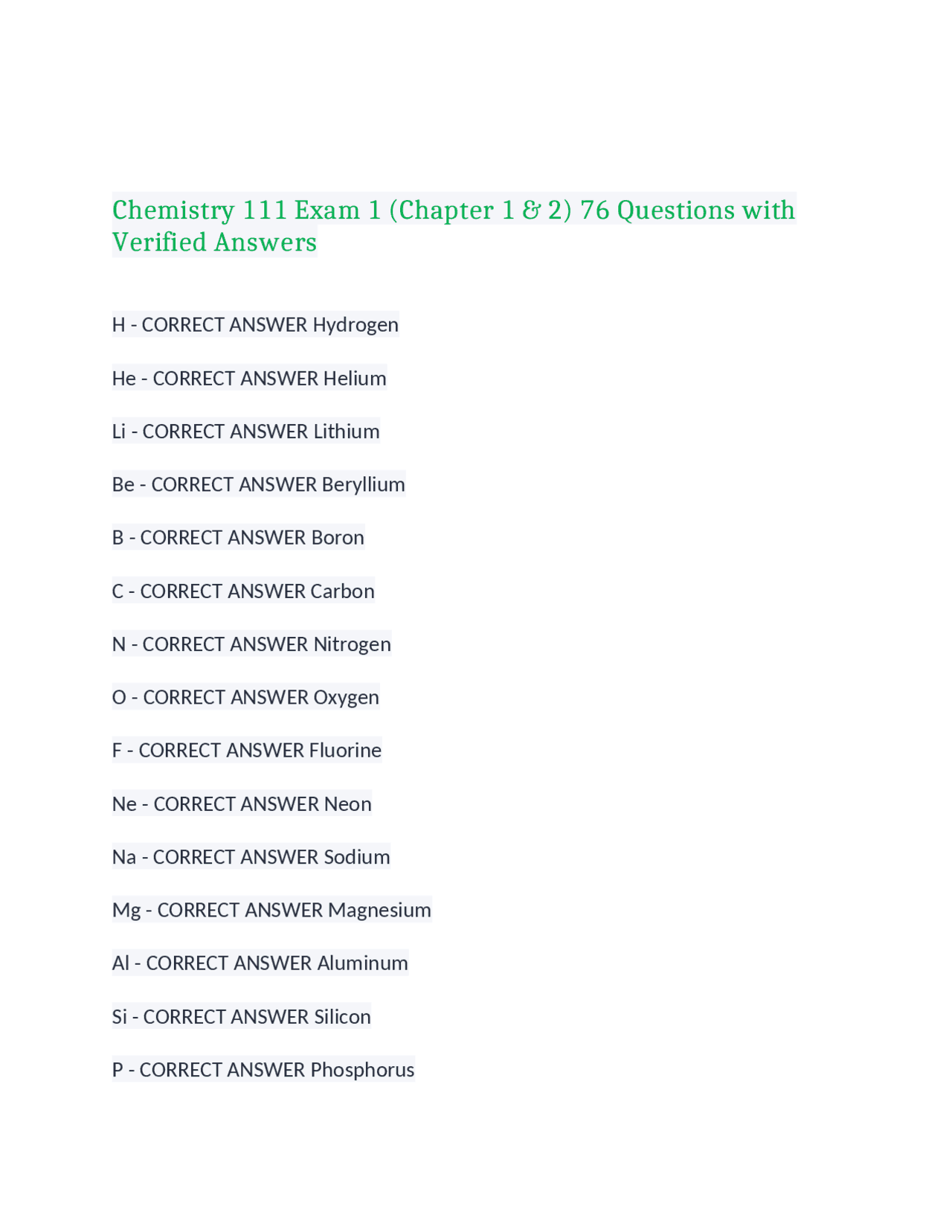 Chemistry 111 Exam 1: Chapter 1 & 2 - 76 Questions with Verified ...