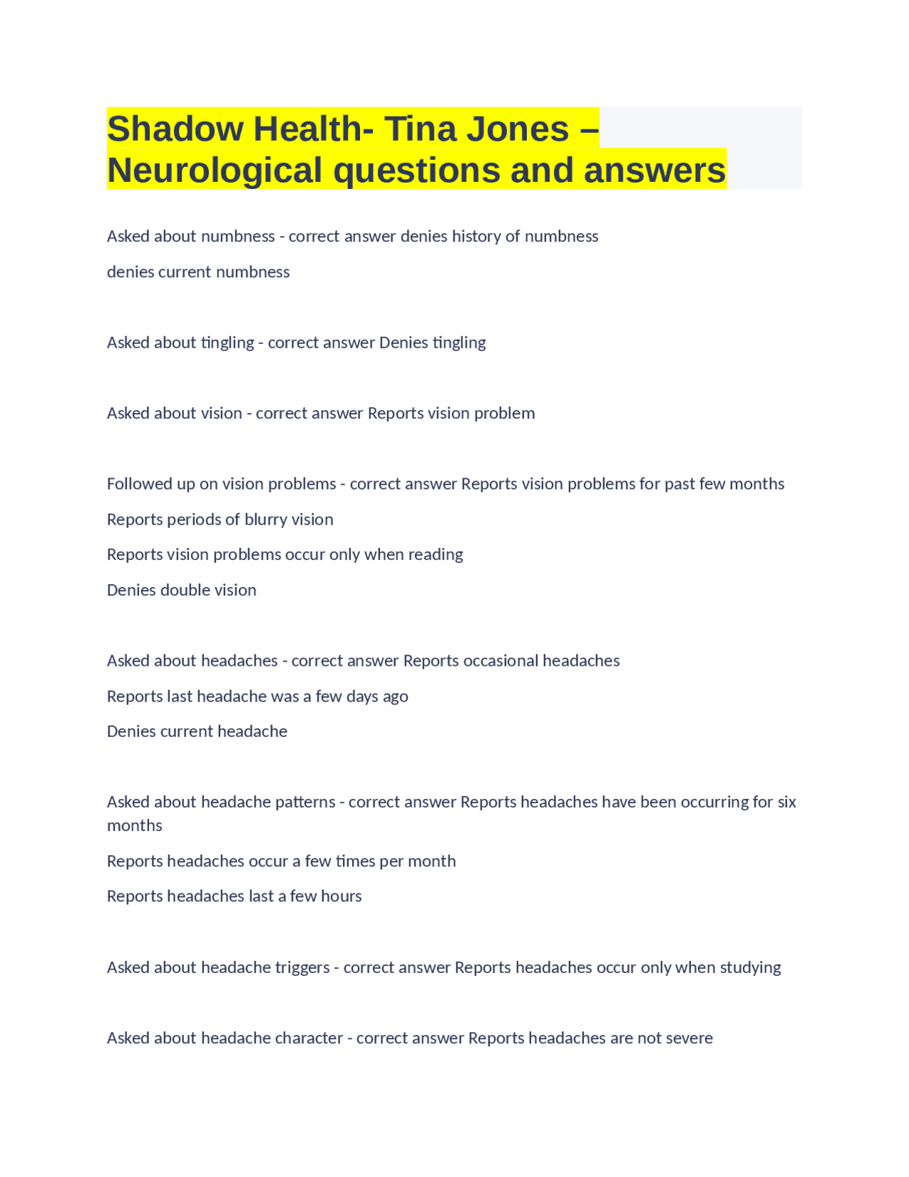 Shadow Health- Tina Jones – Neurological questions and answers | Exams ...