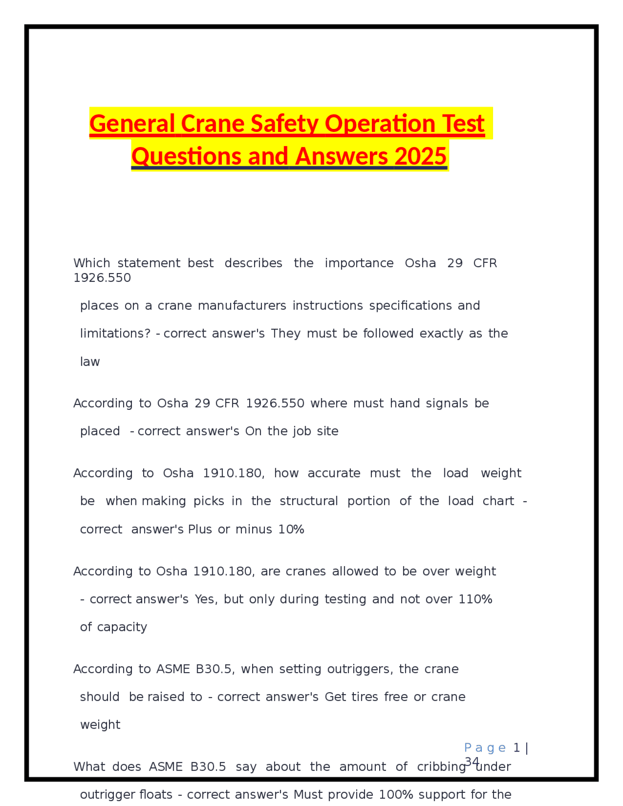Crane Safety Operation Test: Questions and Answers | Exams Nursing ...
