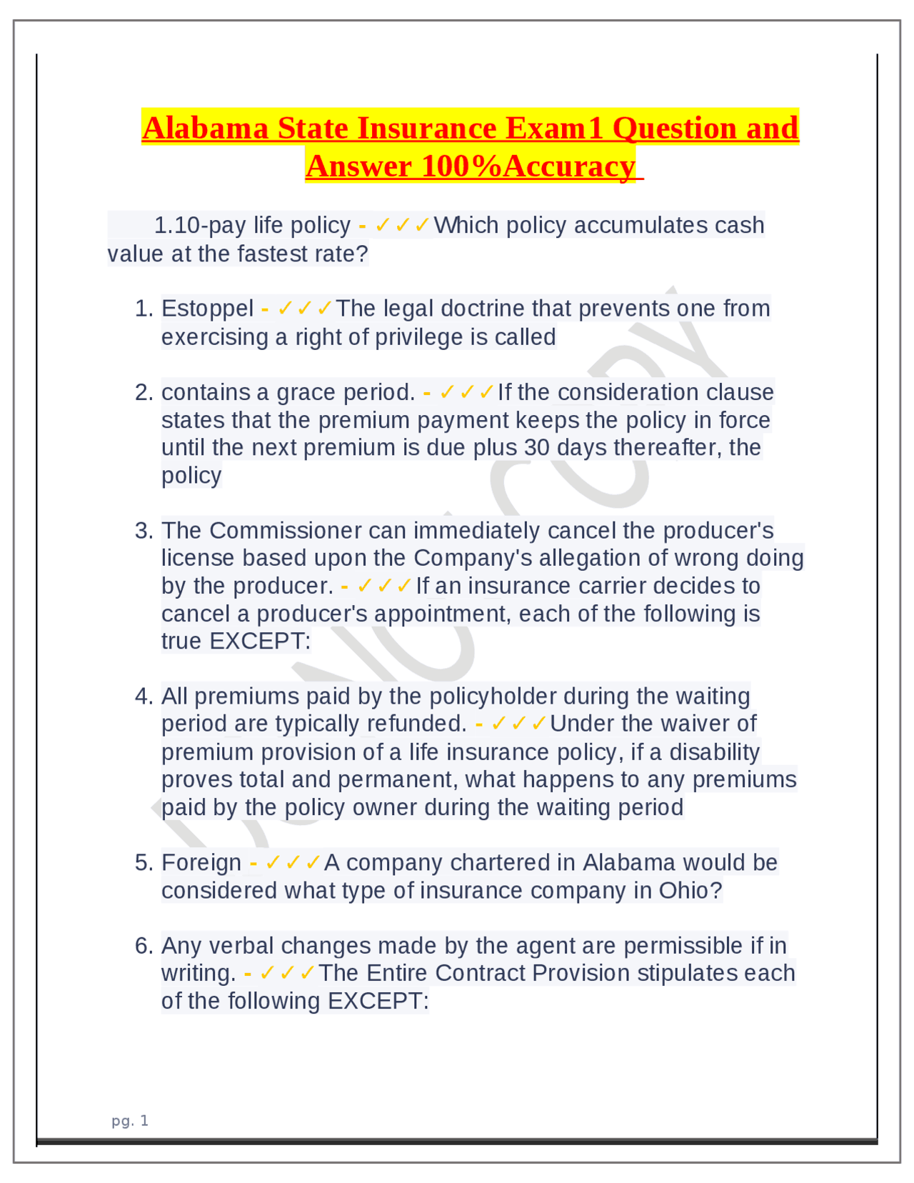 Alabama State Insurance Exam 1: Multiple Choice Questions and Answers ...