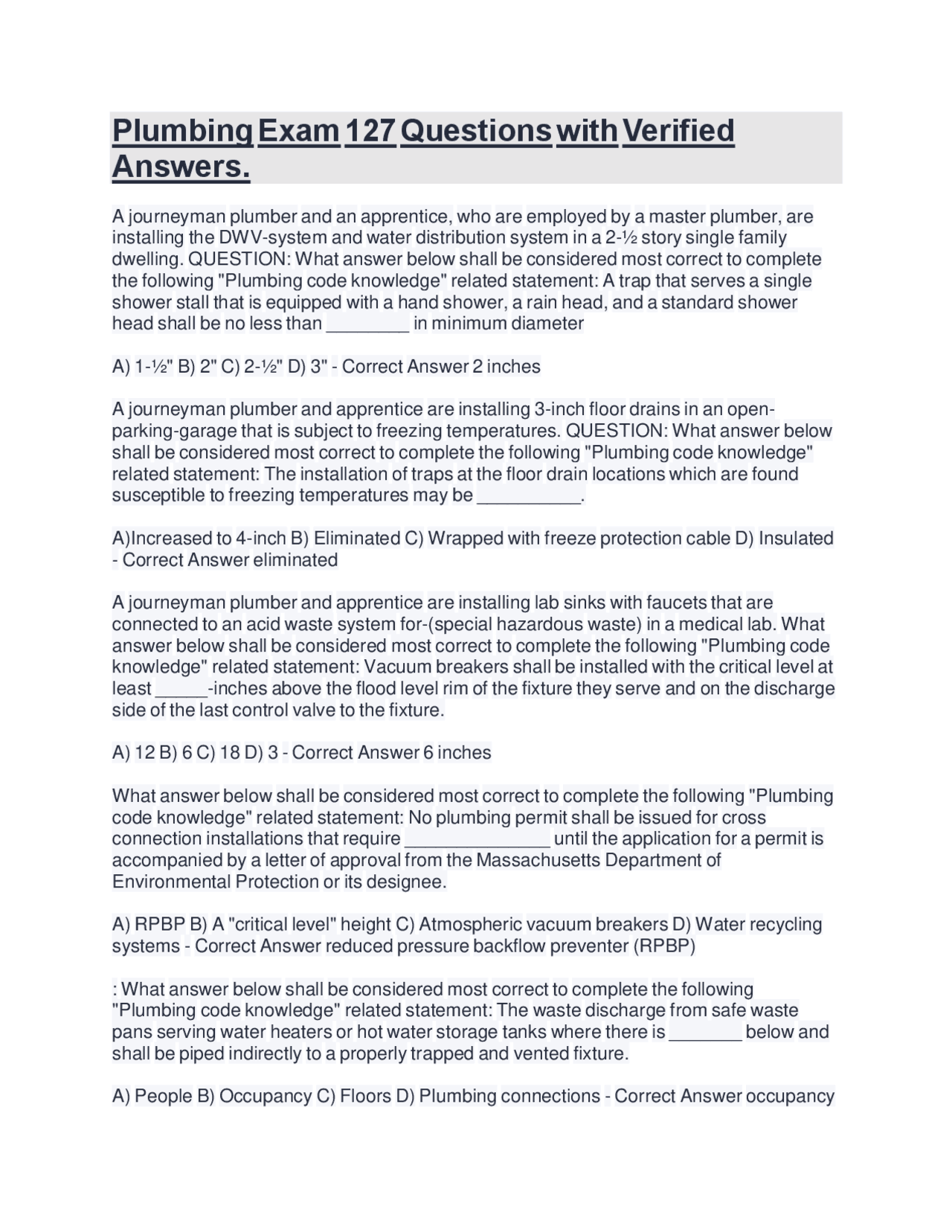 Plumbing Exam 127 Questions with Verified Answers. | Exams Engineering ...