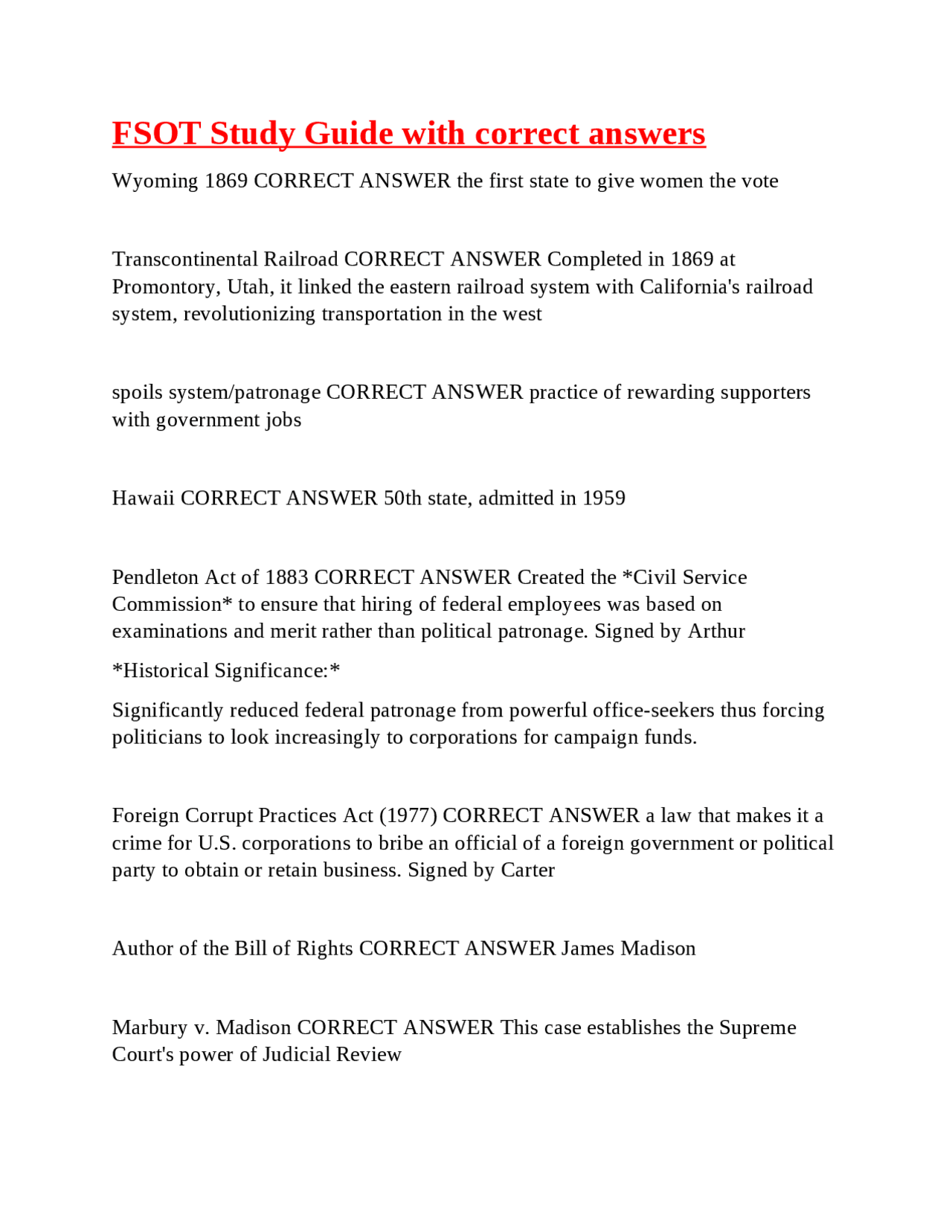 FSOT Study Guide with Correct Answers: US History and Government ...