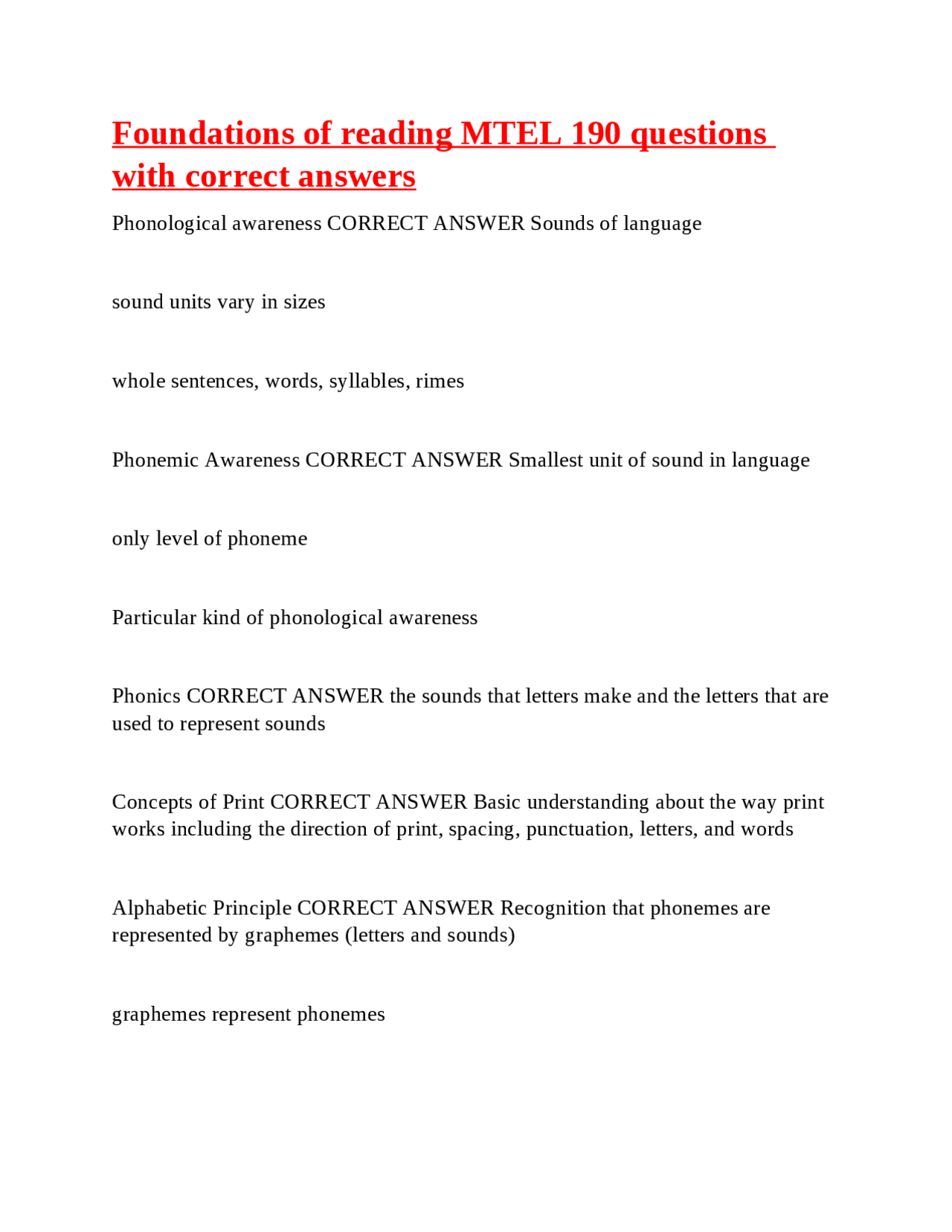 Foundations of Reading MTEL: 190 Questions with Correct Answers | Exams ...