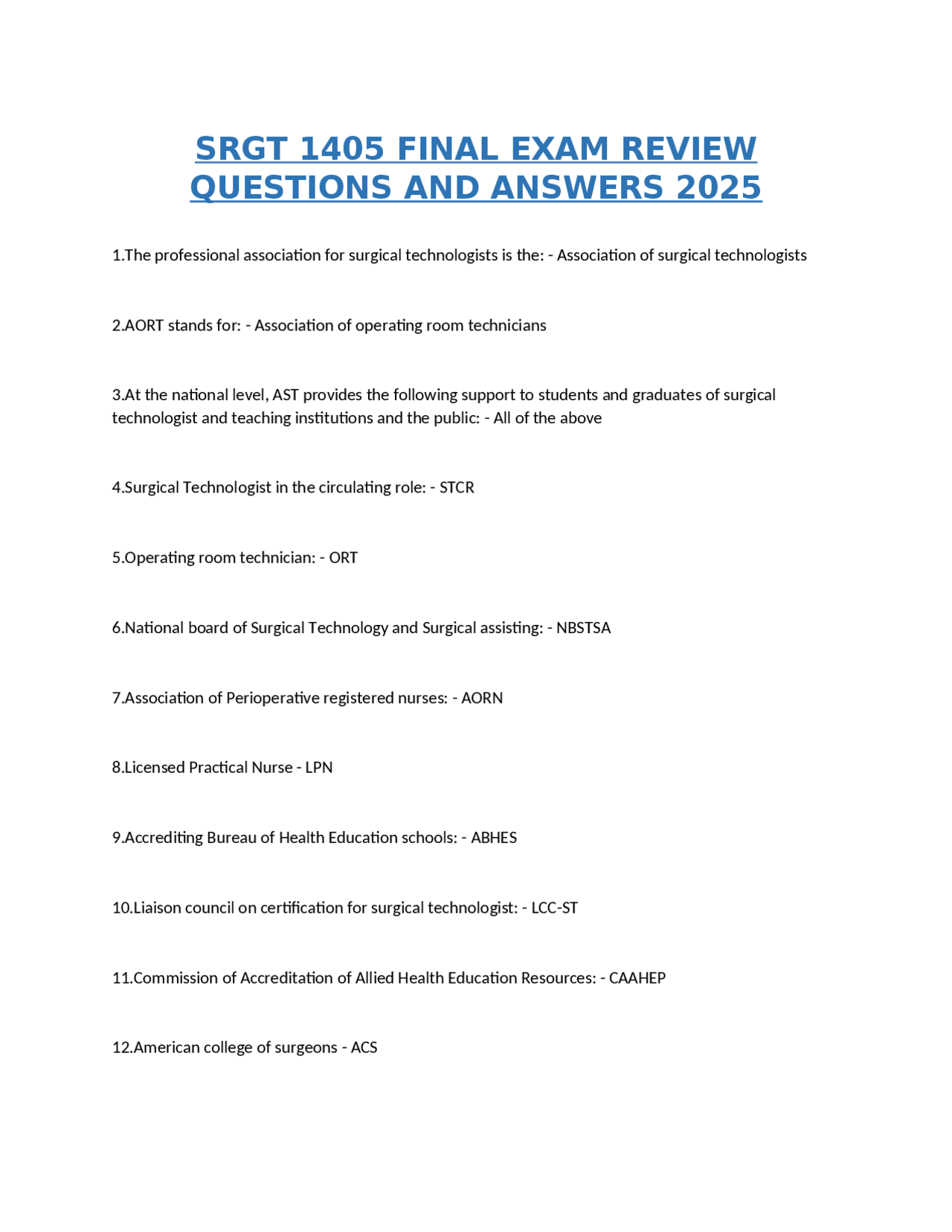 SRGT 1405 FINAL EXAM REVIEW QUESTIONS AND ANSWERS 2025 | Exams Advanced ...