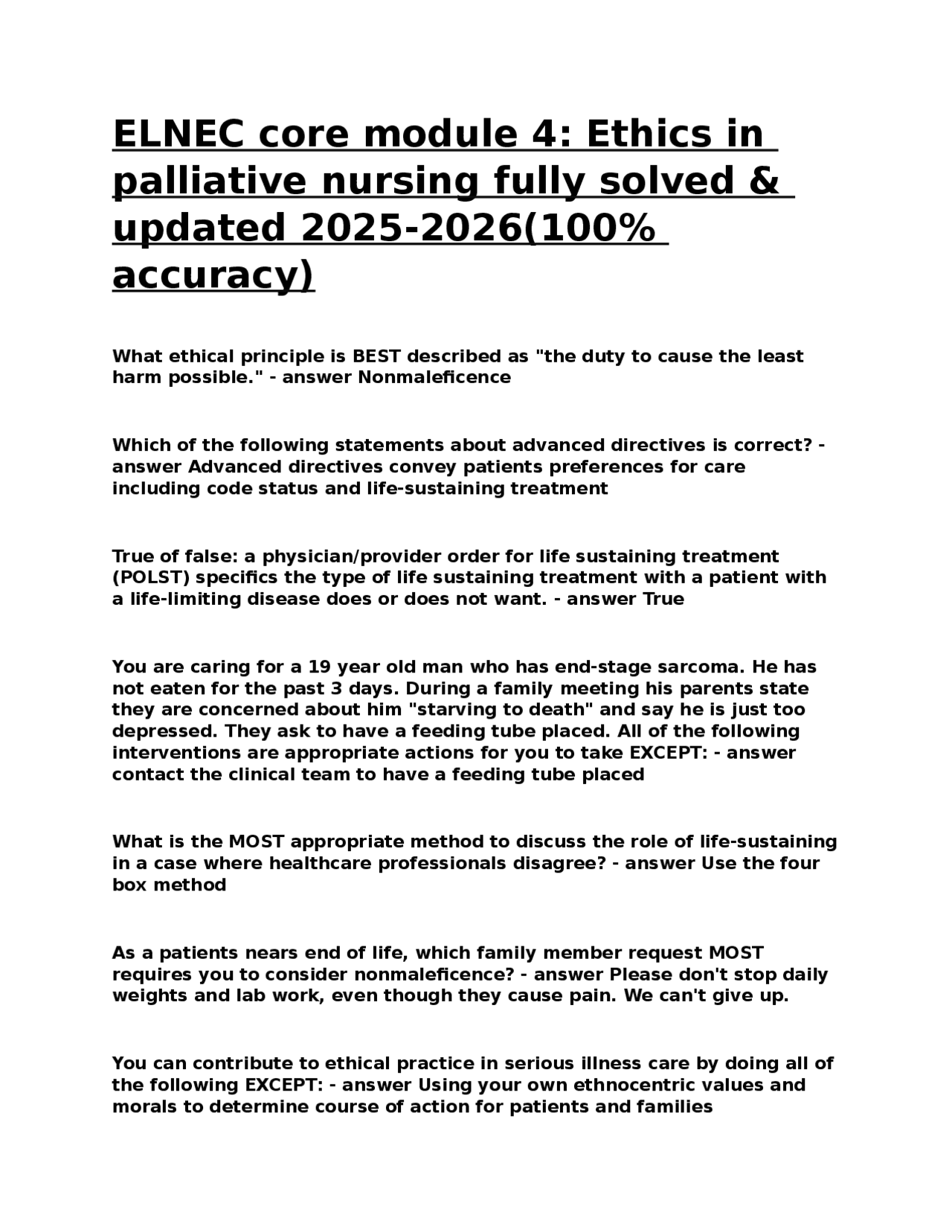 ELNEC Core Module 4: Ethics in Palliative Nursing - Solved Questions ...