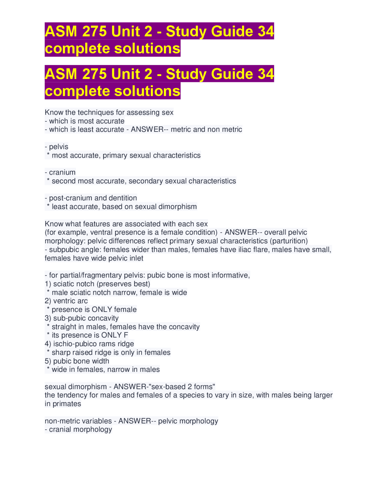 ASM 275 Unit 2 - Study Guide 34 complete solutions | Exams Nursing ...