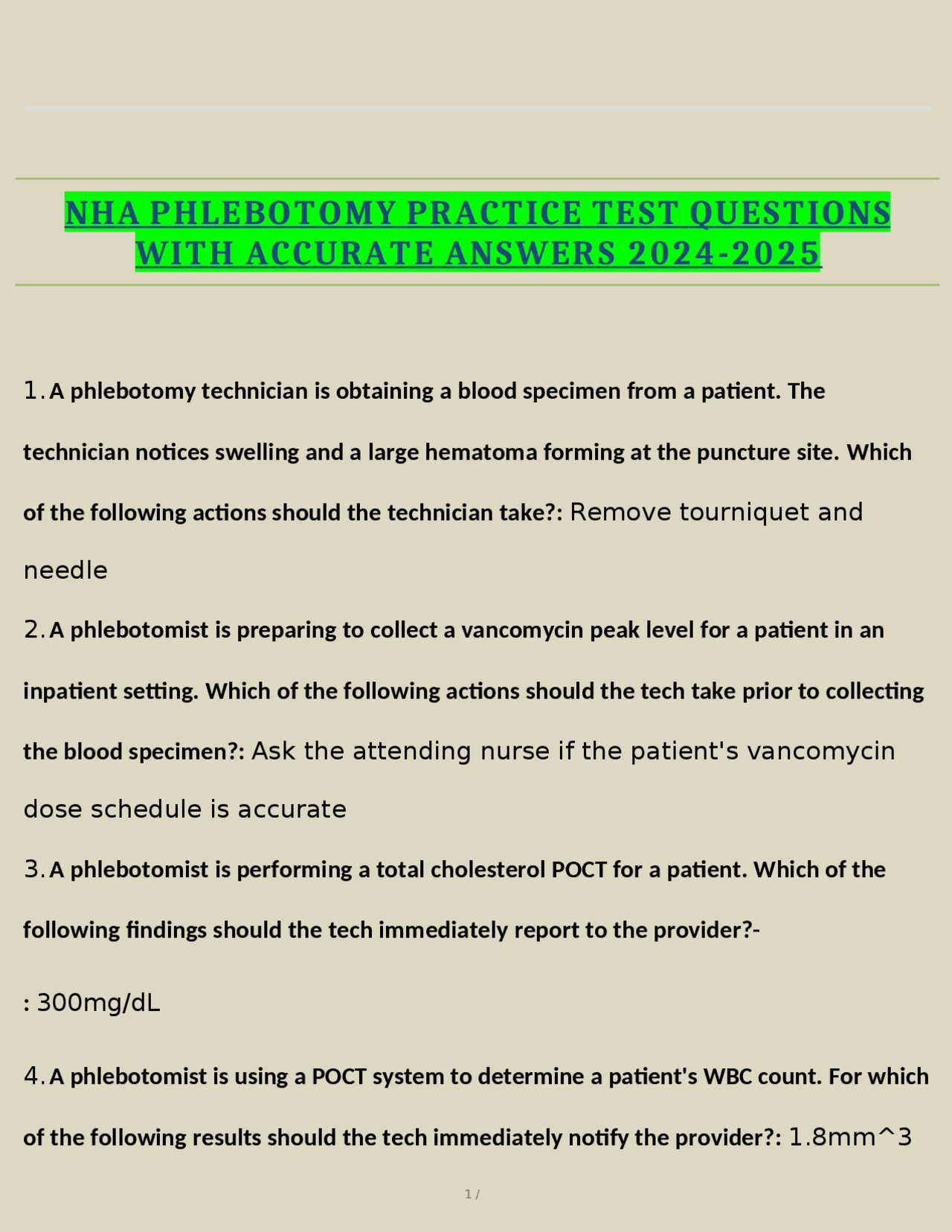 NHA PHLEBOTOMY PRACTICE TEST QUESTIONS WITH ACCURATE ANSWERS 2024-2025 ...